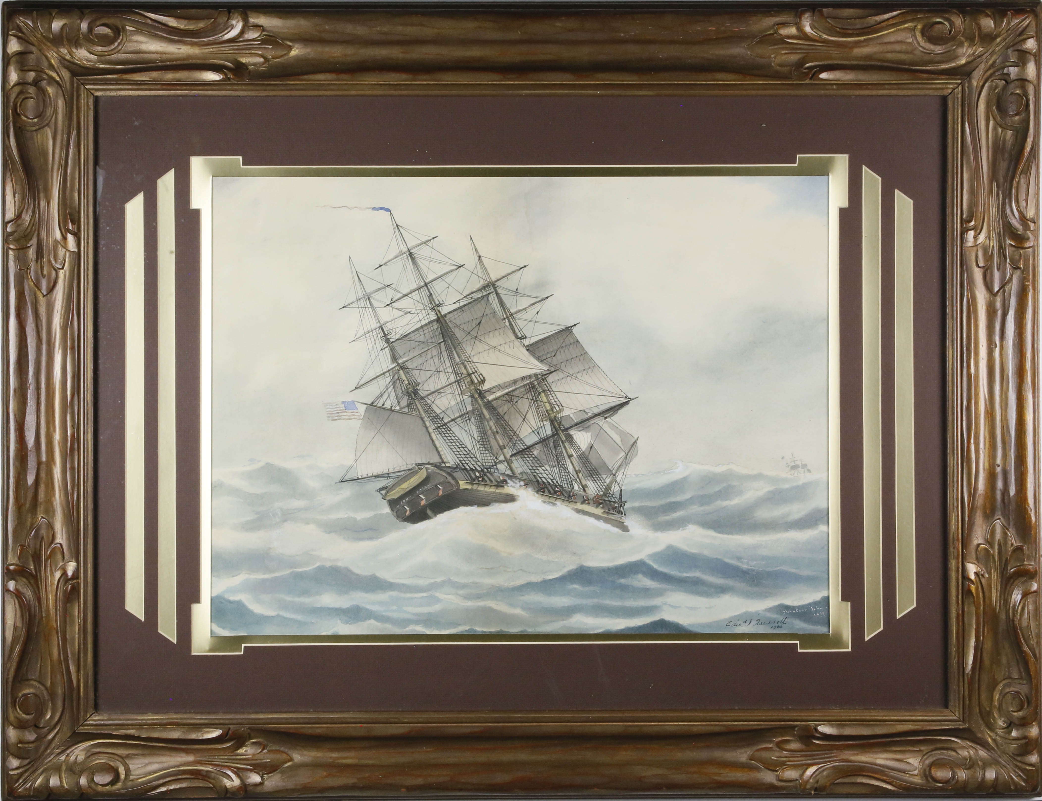 Edward J. Russell Watercolor on Paper "Fully Rigged American Ship on ...