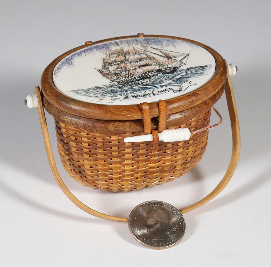 Miniature Nantucket Basket Purse with Polychrome Scrimshaw Decoration ...