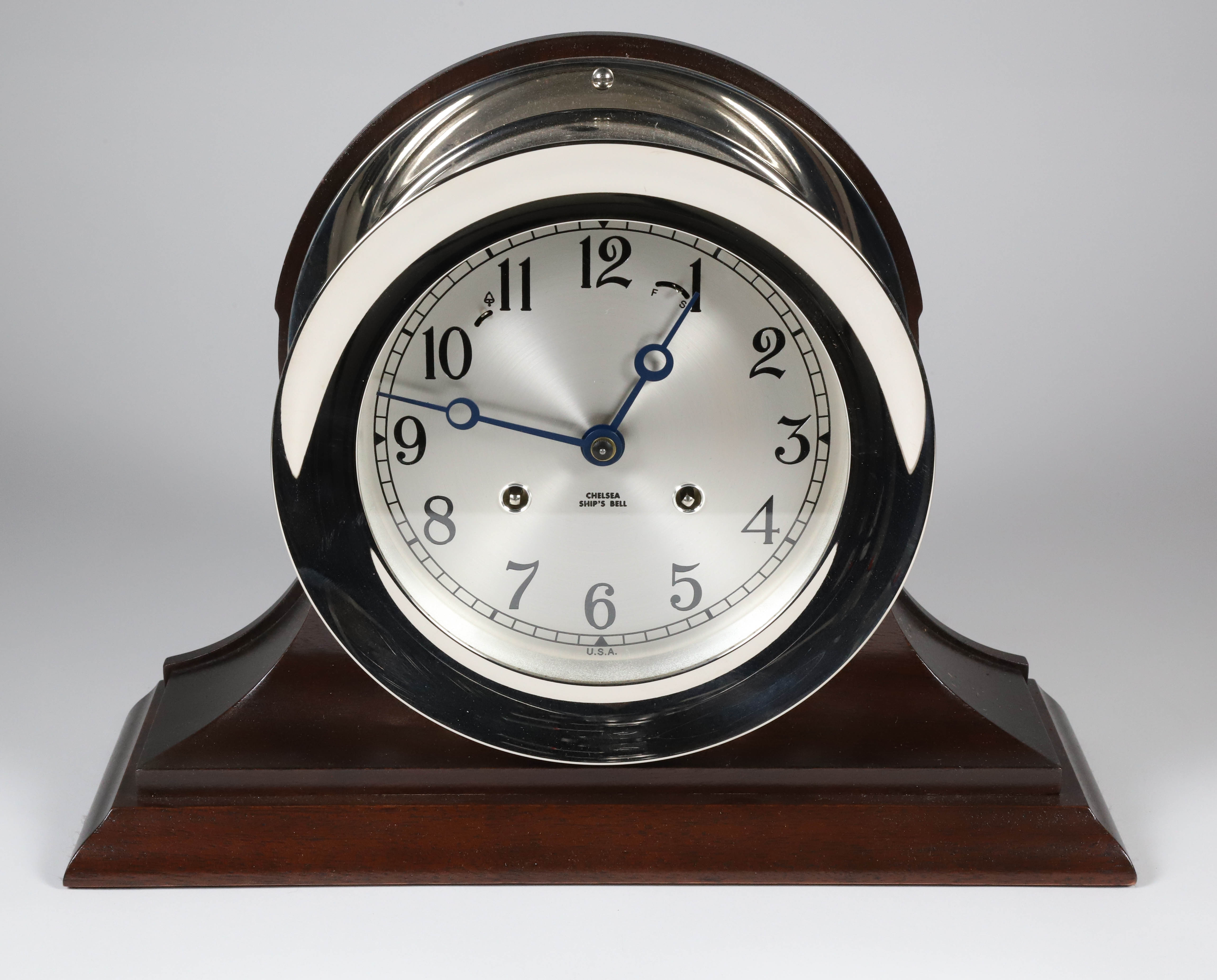 Nickel Plated Chelsea Ship's Bell Clock on Mahogany Stand - Nickel ...