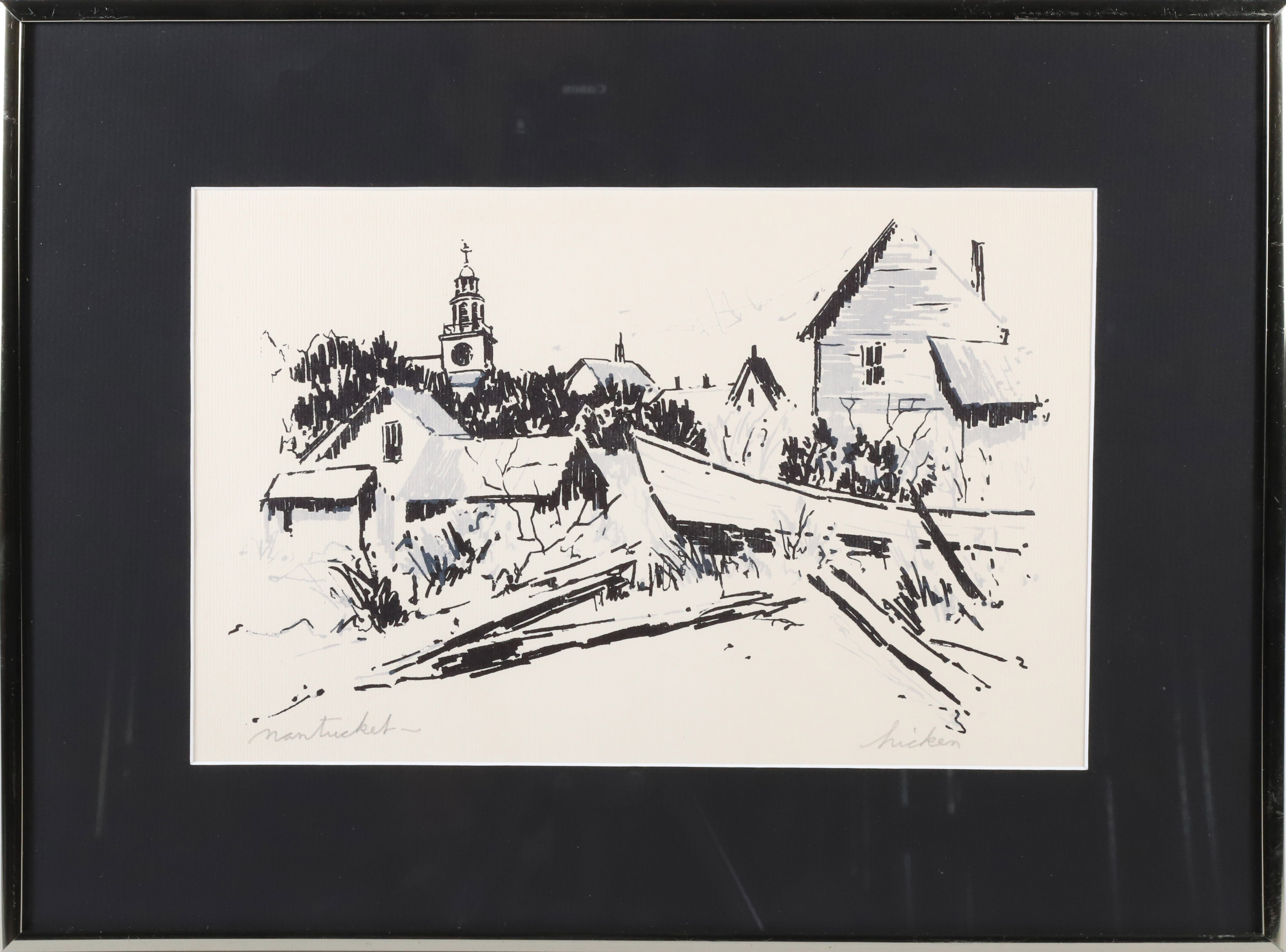 Philip Hicken (1910-1985) Pen and Marker on Paper "Town Clock Nantucket ...