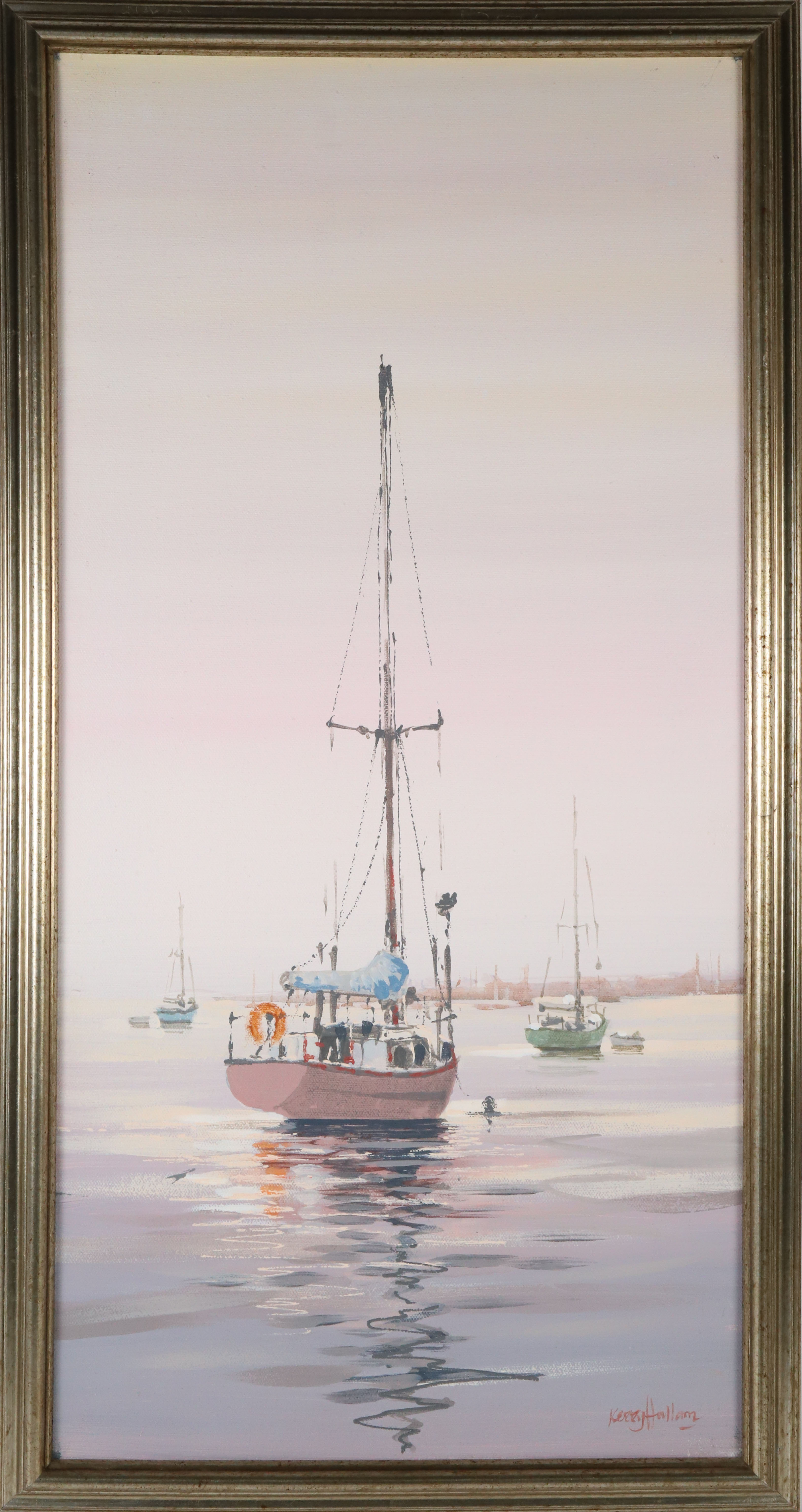 Kerry Hallam Oil on Canvas "Sailboats Anchored in Calm Harbor" - Kerry ...