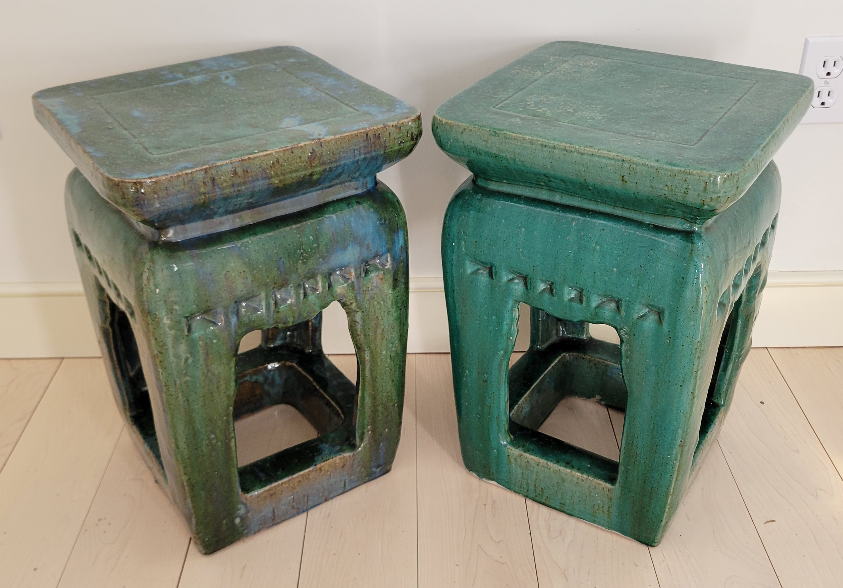 Pair of Vintage Green Glazed Chinese Ceramic Square Garden Stools ...