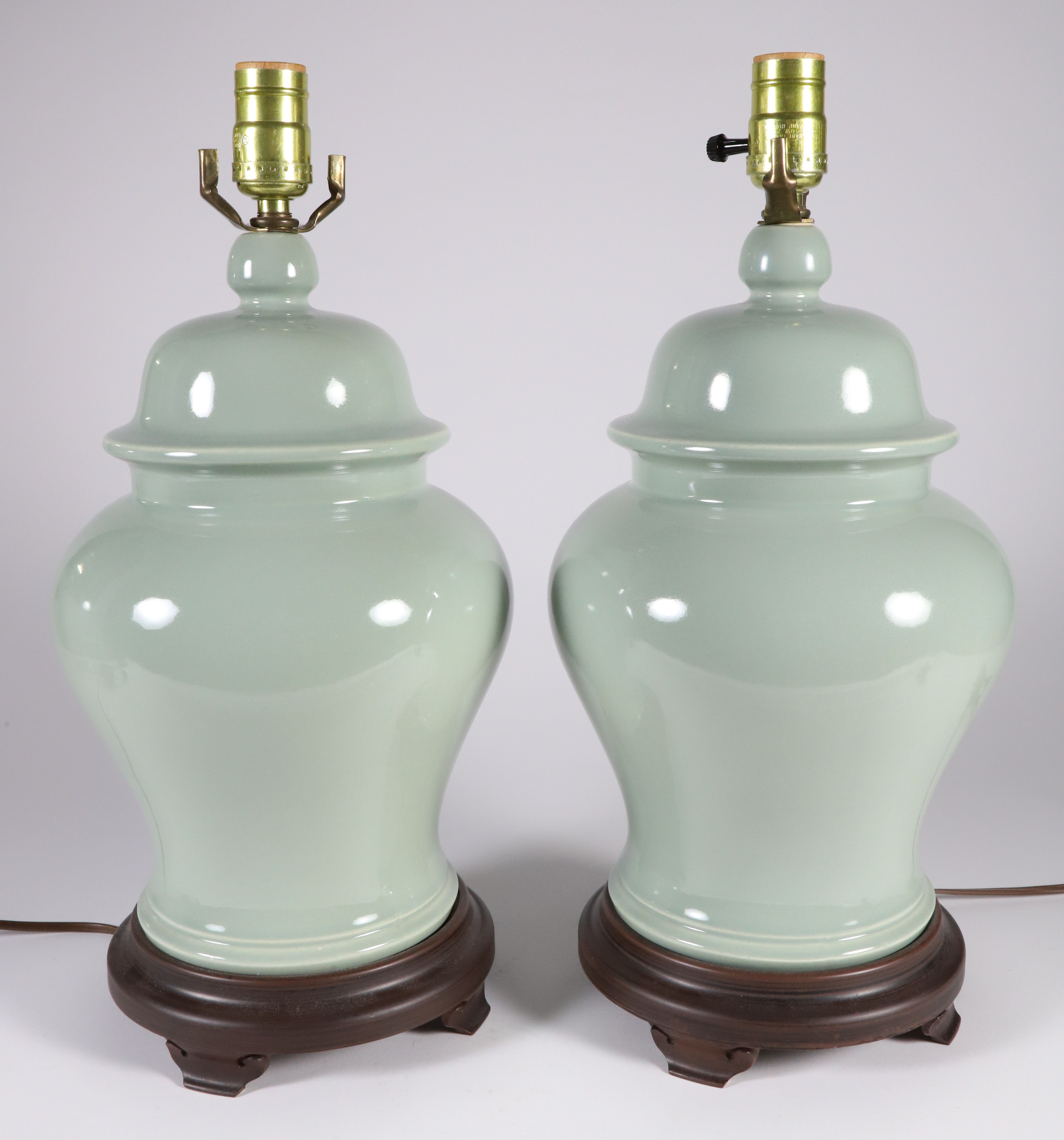 Pair of Contemporary Celedon Green Glazed Temple Jars Mounted as Lamps ...