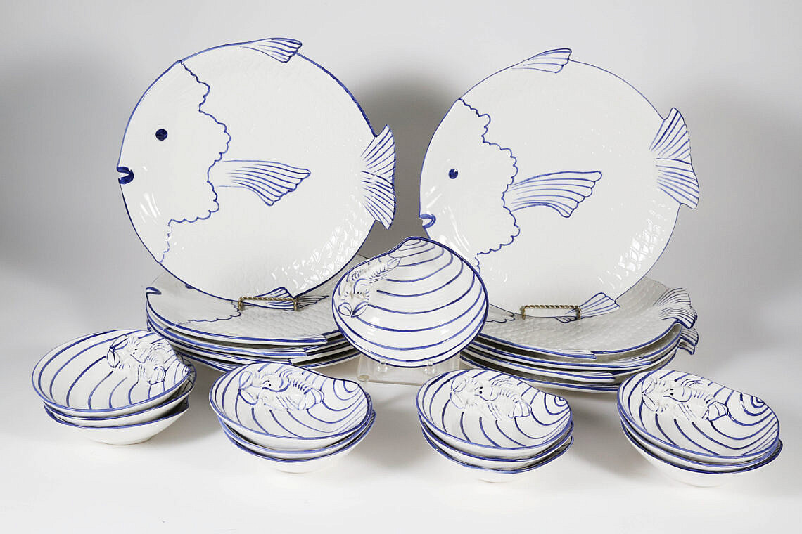 Italian Ceramic Fish-Form Dinner Plates and Clamshell Bowls - Italian ...