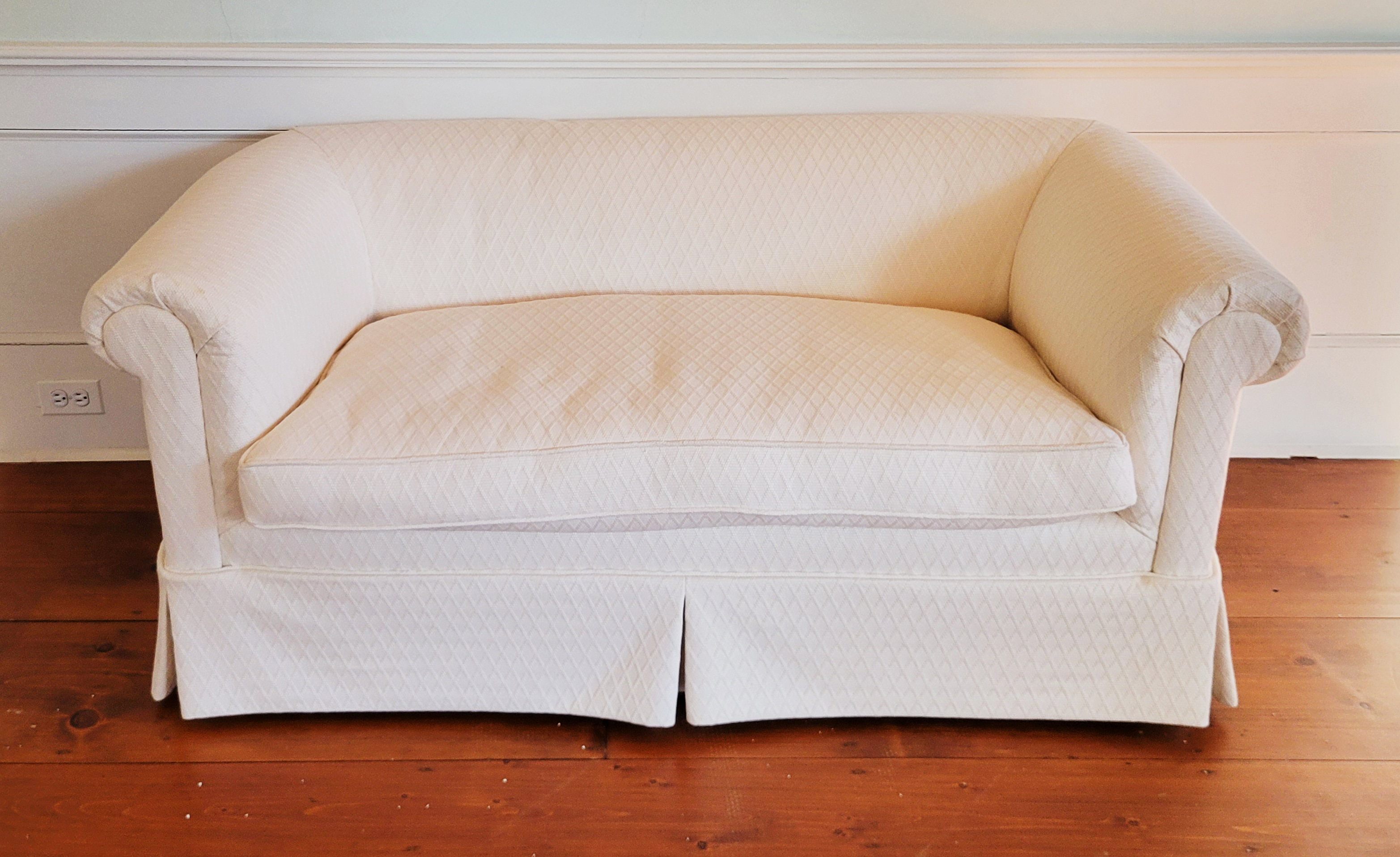 Designer Creme Upholstered Single Cushion Skirted Settee with Rolled ...