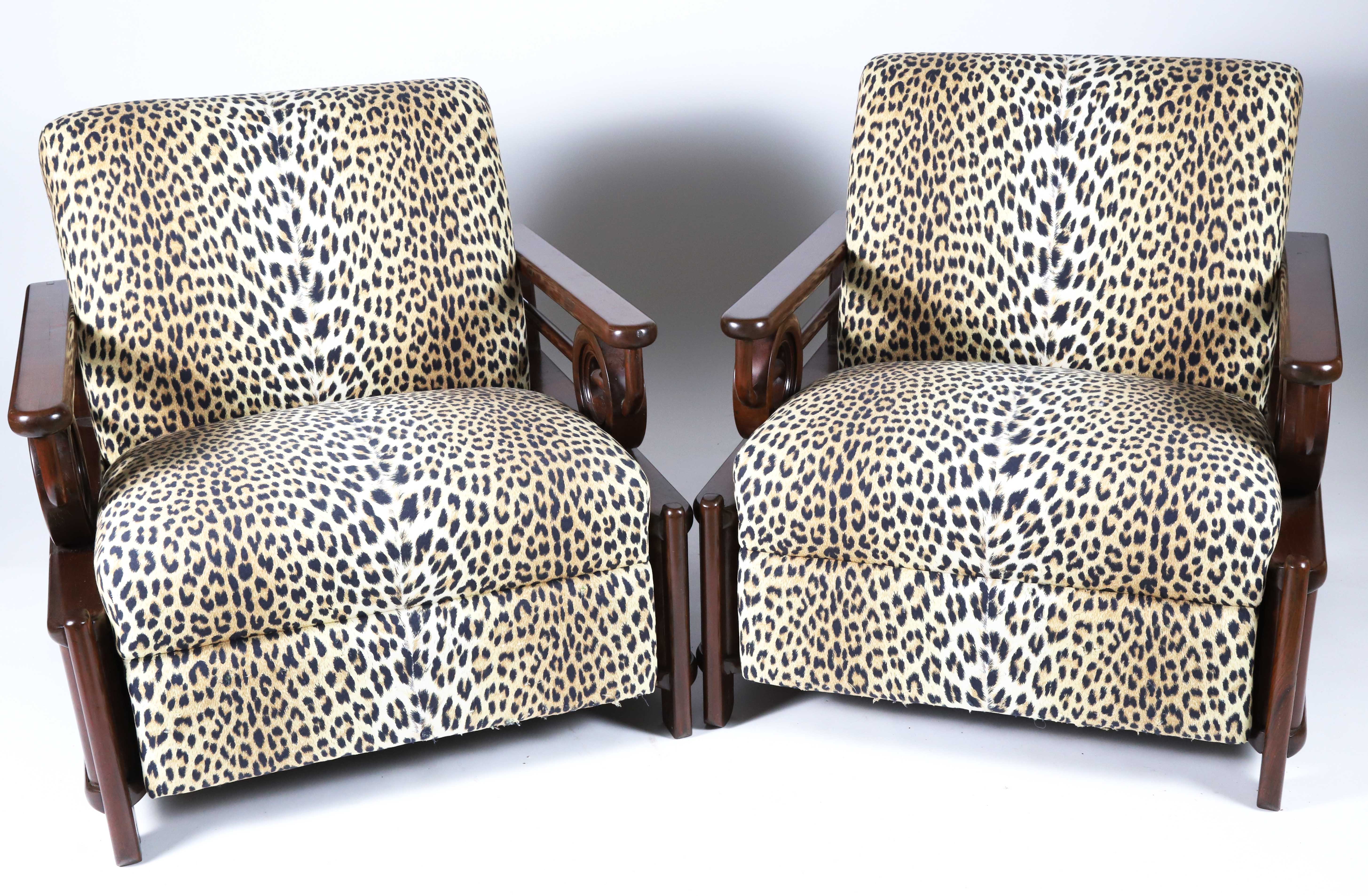 Pair of Art Deco Upholstered Teak Club Chairs in Leopard Printed Fabric ...