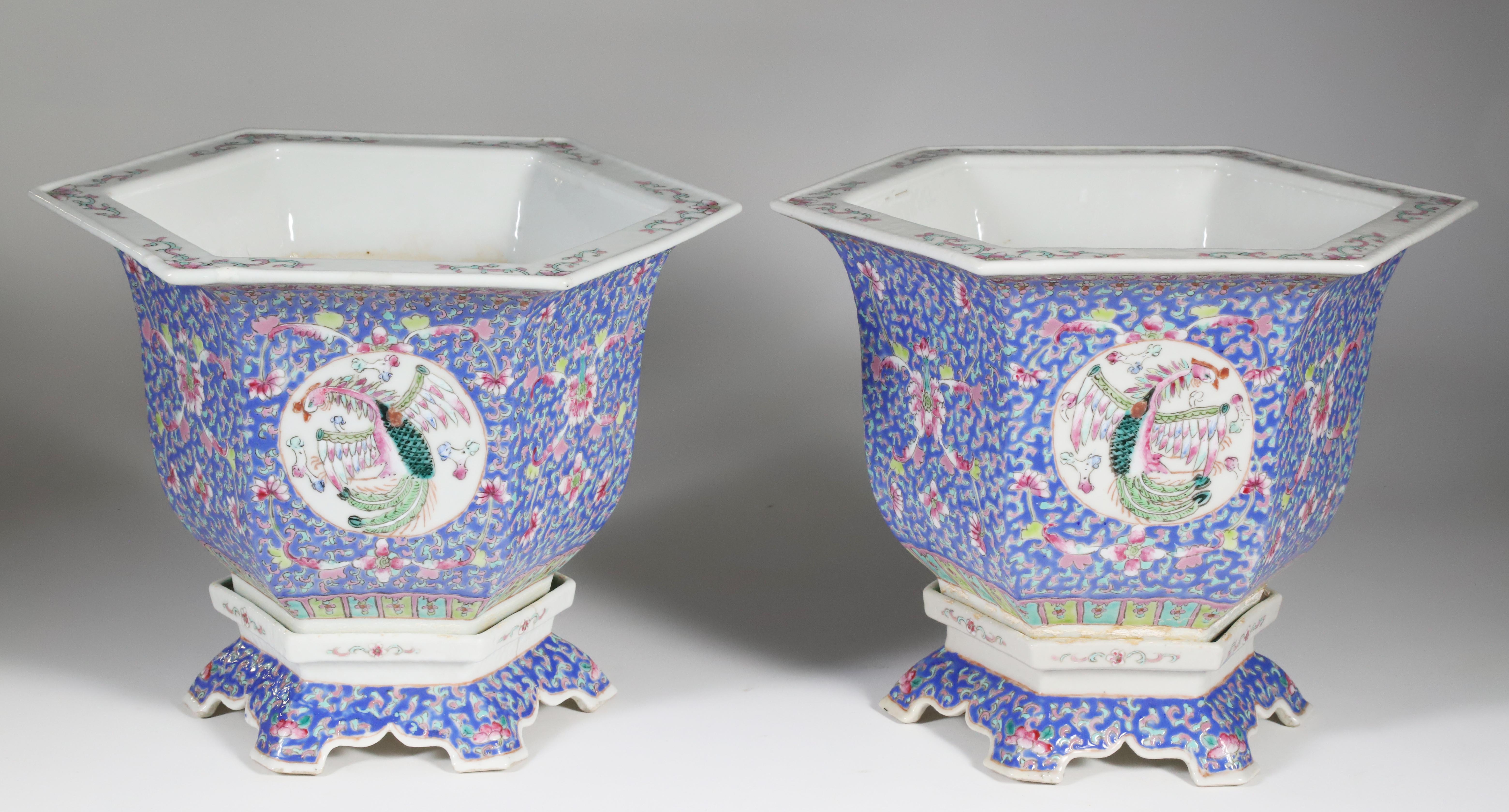 Pair of Chinese Polychrome Enameled Porcelain Hexagonal Cache Pots on Separate Footed Bases ...