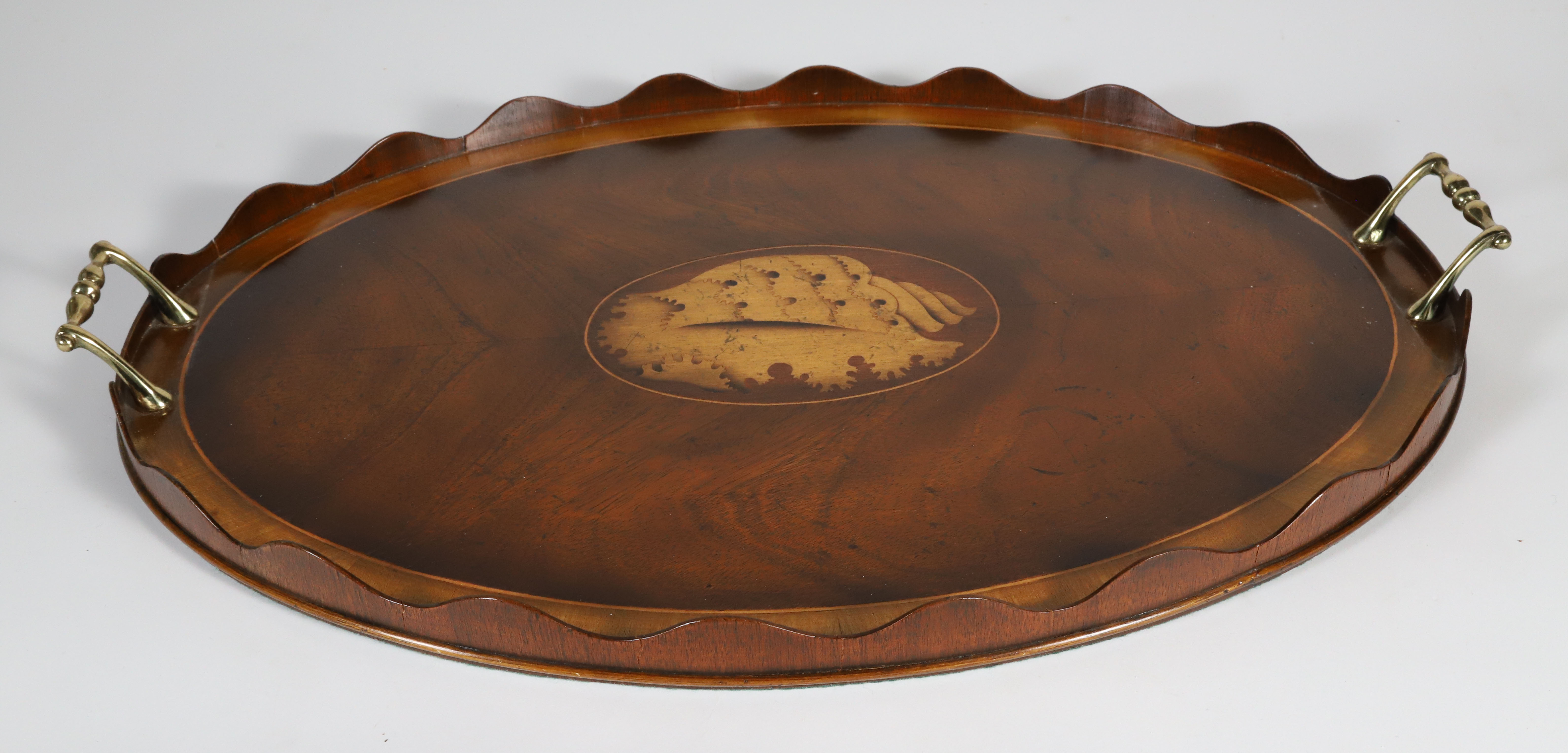Vintage Conch Shell Inlaid Mahogany Serving Tray with Scalloped Gallery ...