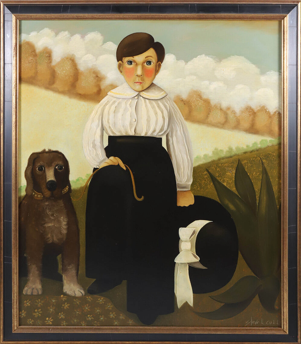Steve L. Cull Folk Art Oil on Board "Portrait of a Boy and His Dog ...