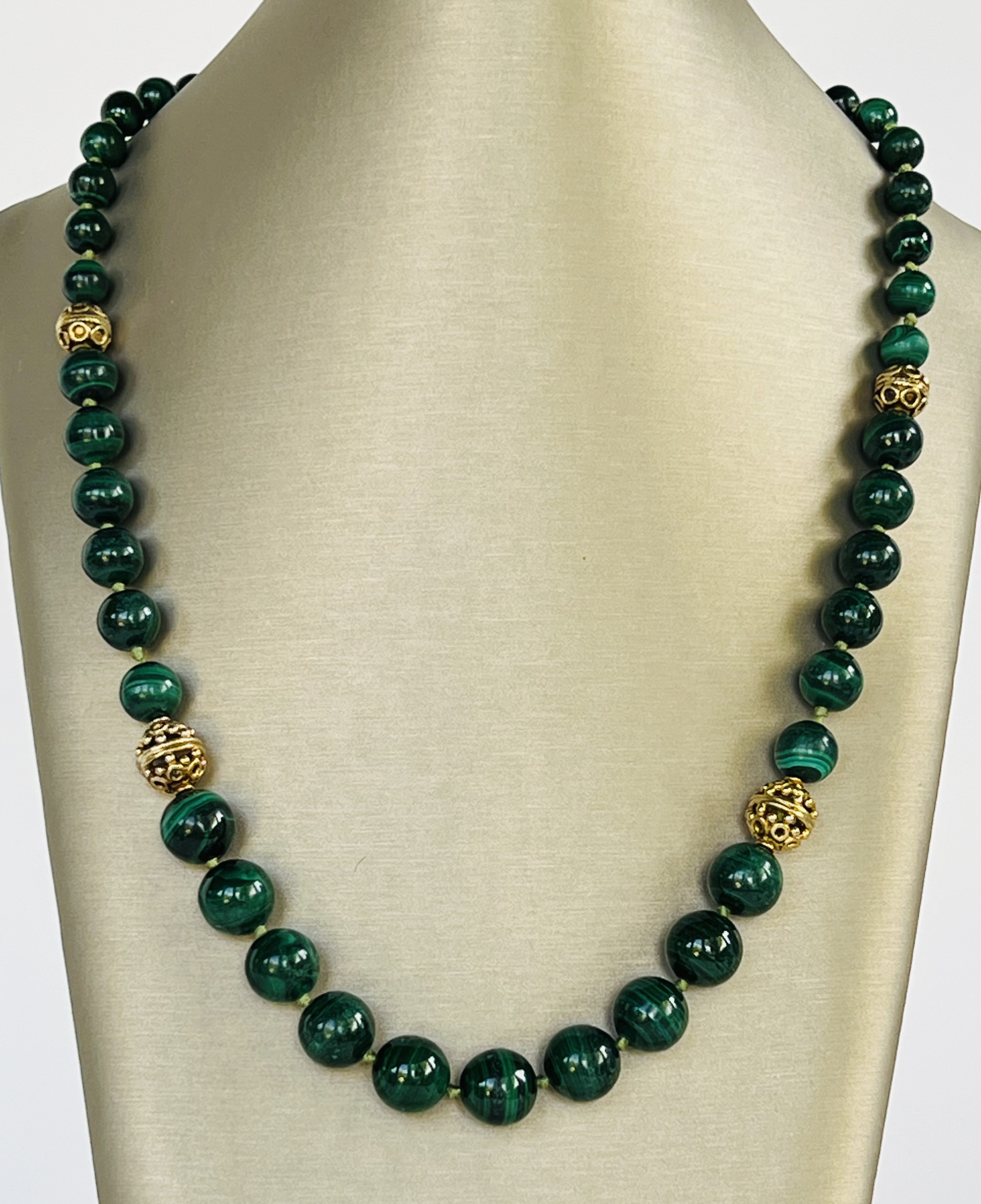 8mm-12mm Malachite Bead Necklace with Sterling Silver Vermeil Pierced ...