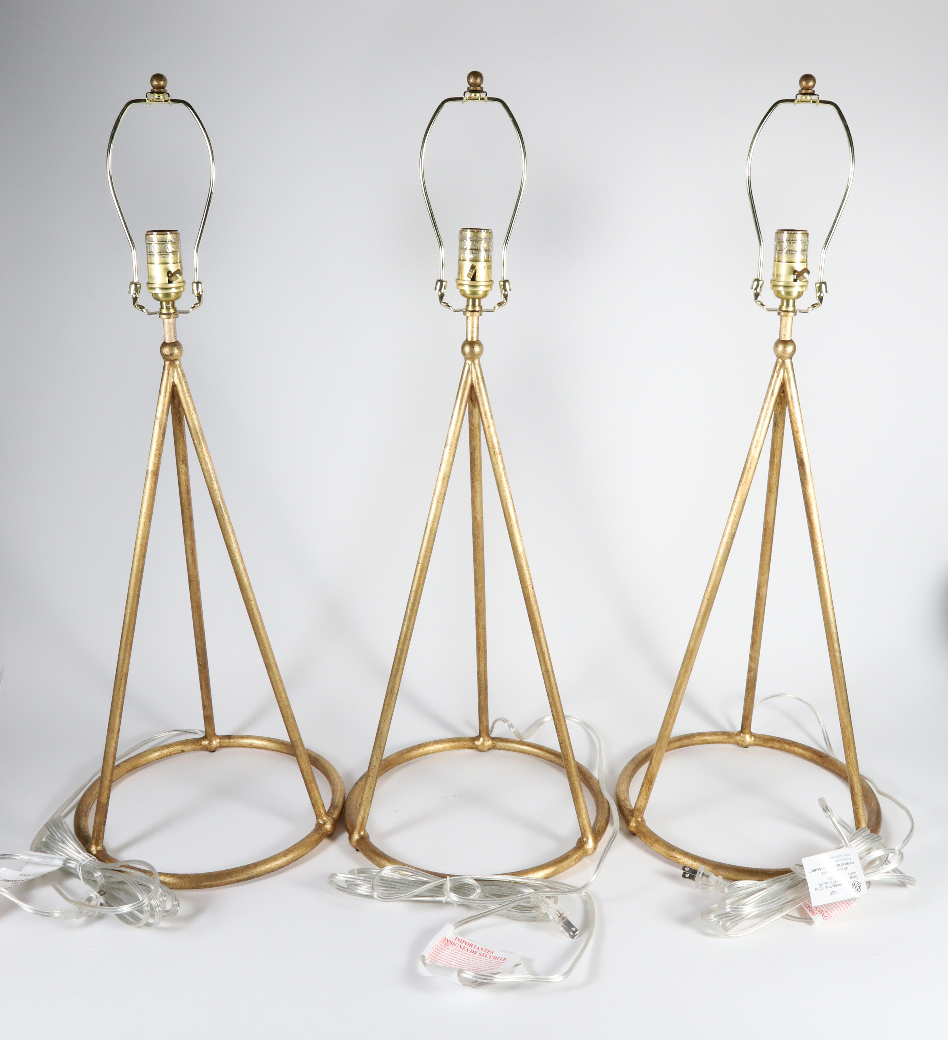 Three Gilt Metal Tripod Table Lamps with Shades - Three Gilt Metal ...