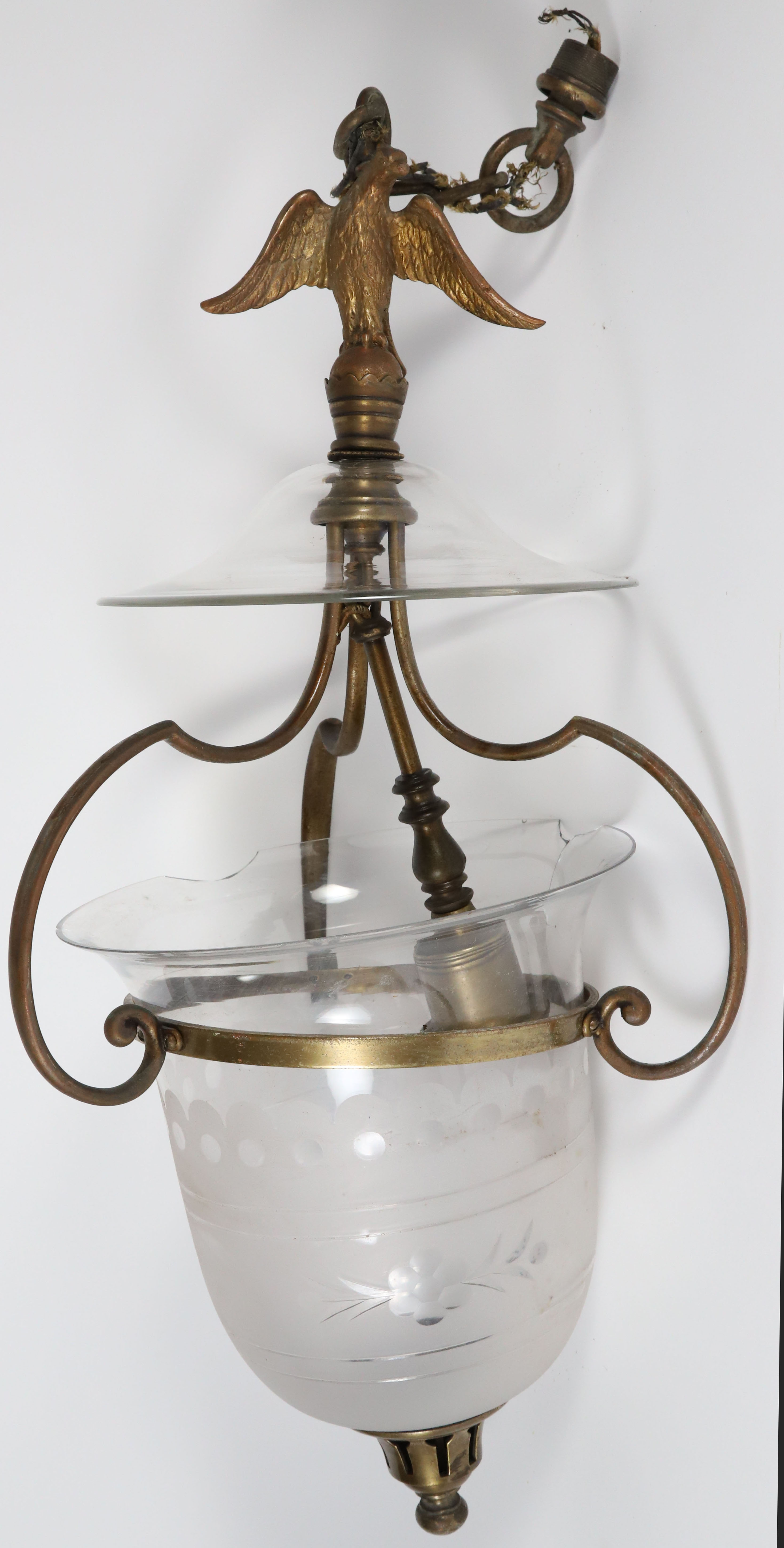 Brass and Etched Glass Hanging Light Fixture with Spread Winged Eagle ...
