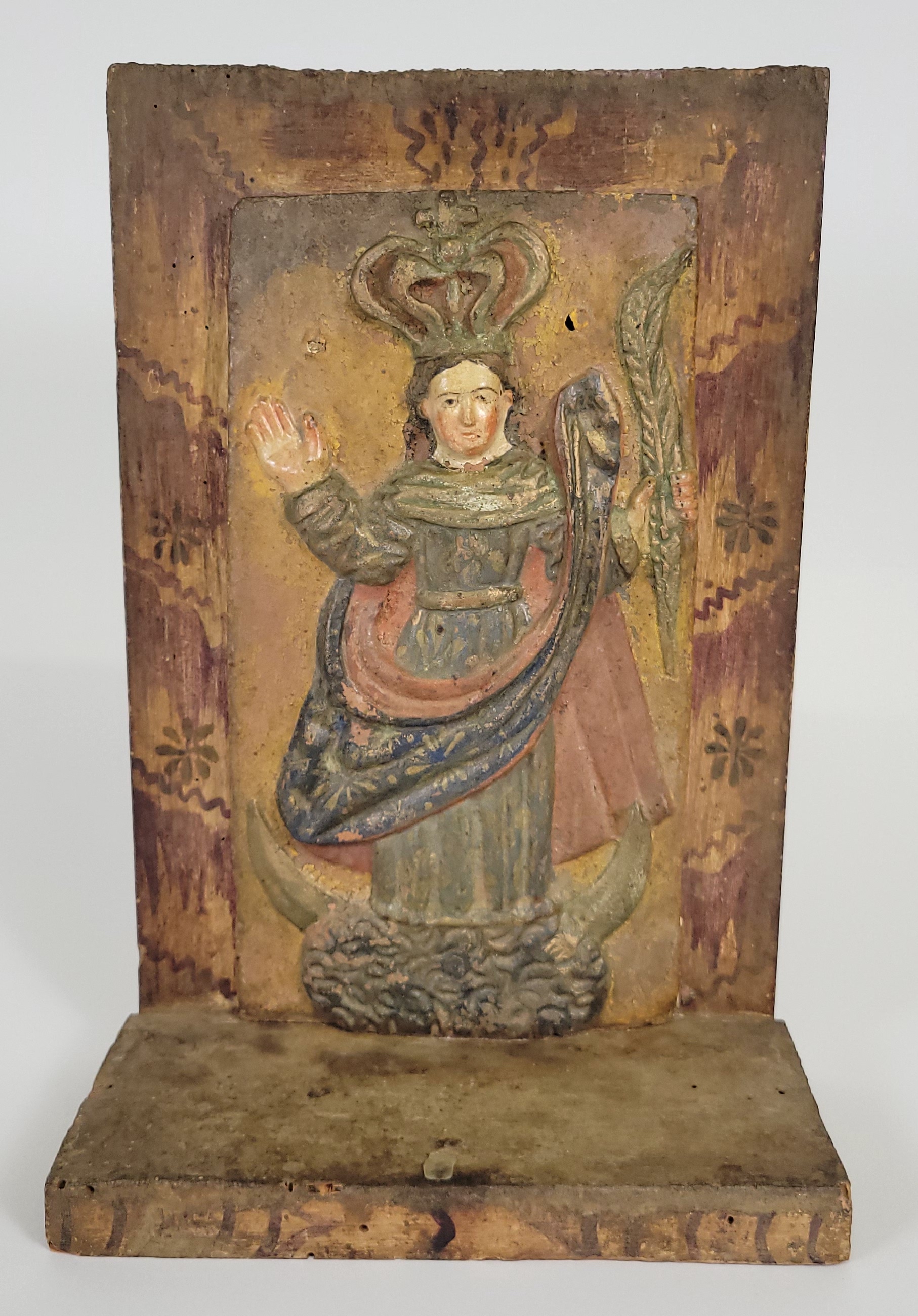 Antique Continental Colonial Carved Polychrome Decorated Religious Icon ...
