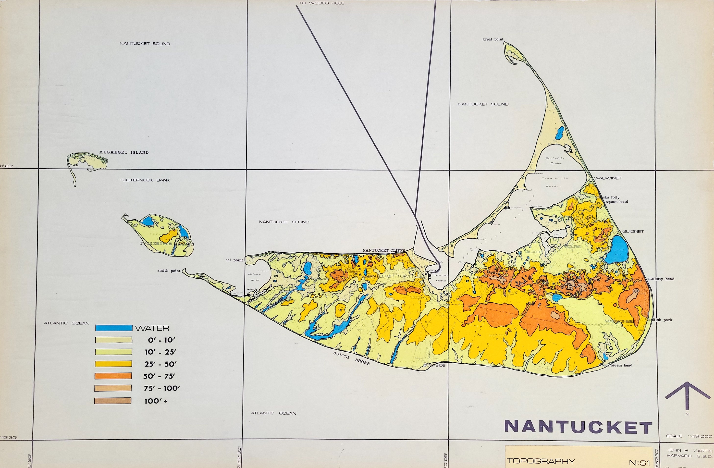 Vintage John H. Martin Hand Colored Map of Nantucket Topography ...