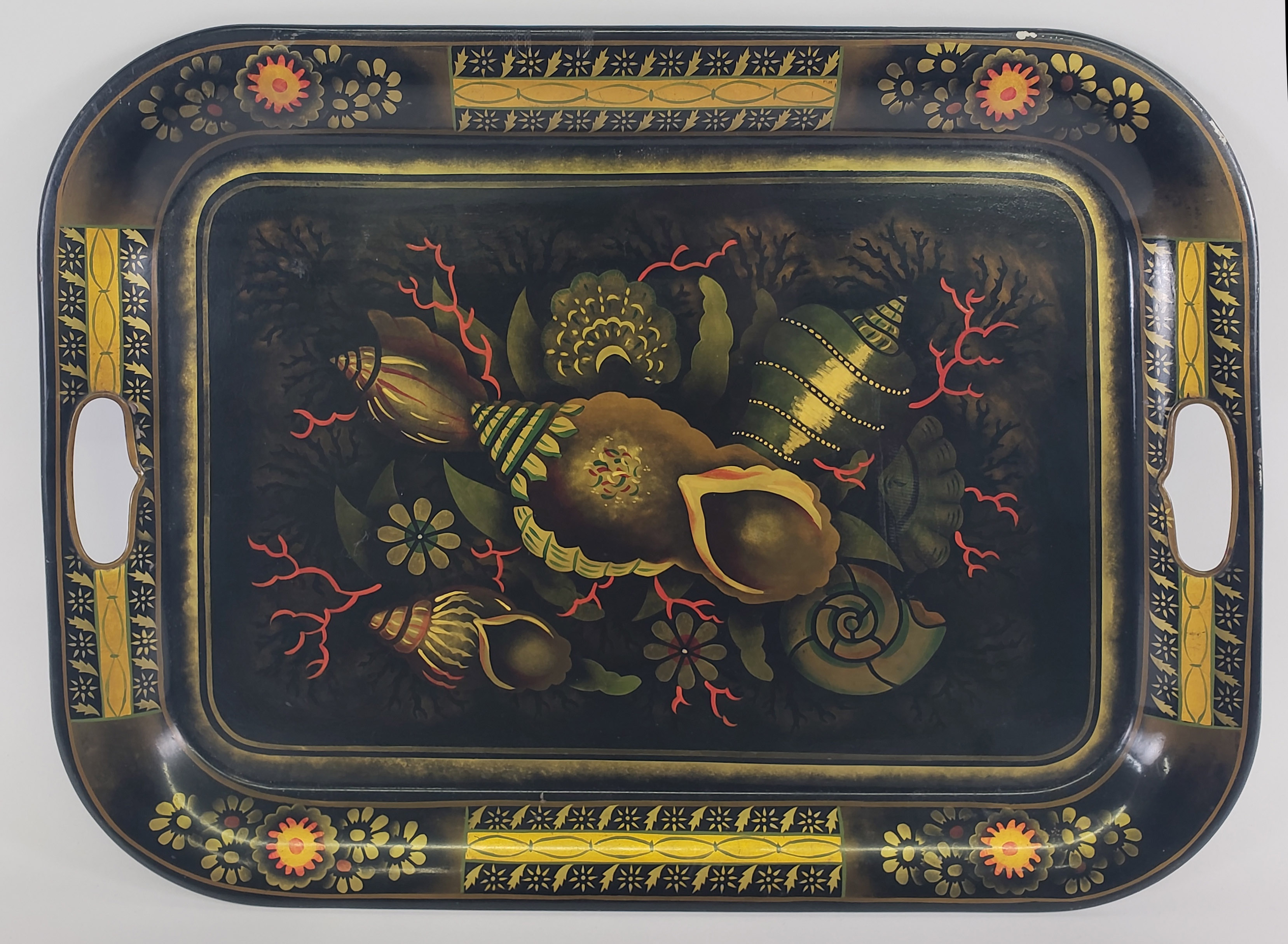 Shell Painted Tole Tray - Vintage Shell Paint Decorated Tole Serving ...