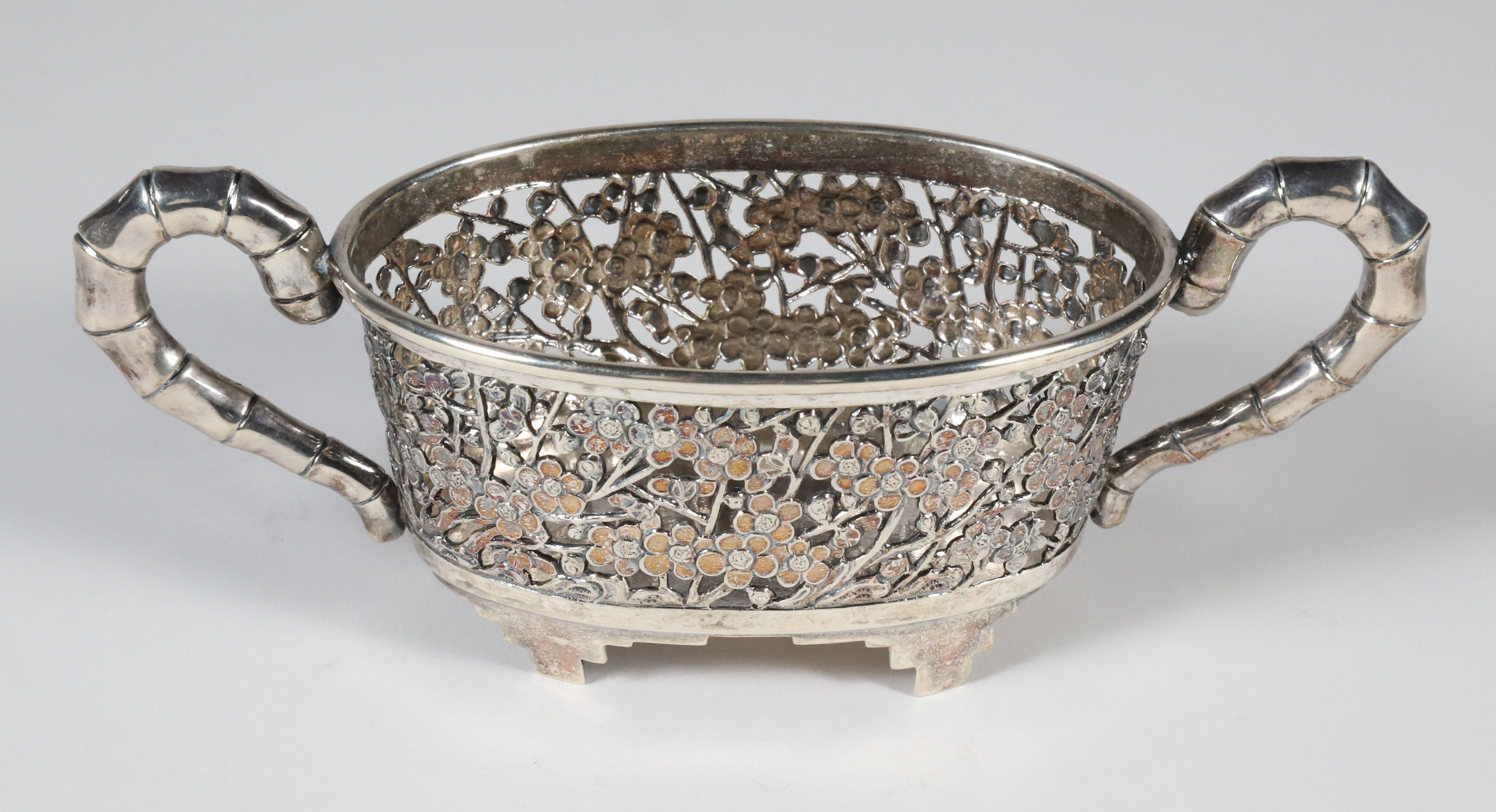 Chinese Export Sterling Silver Reticulated Oval Cherry Blossom Basket ...