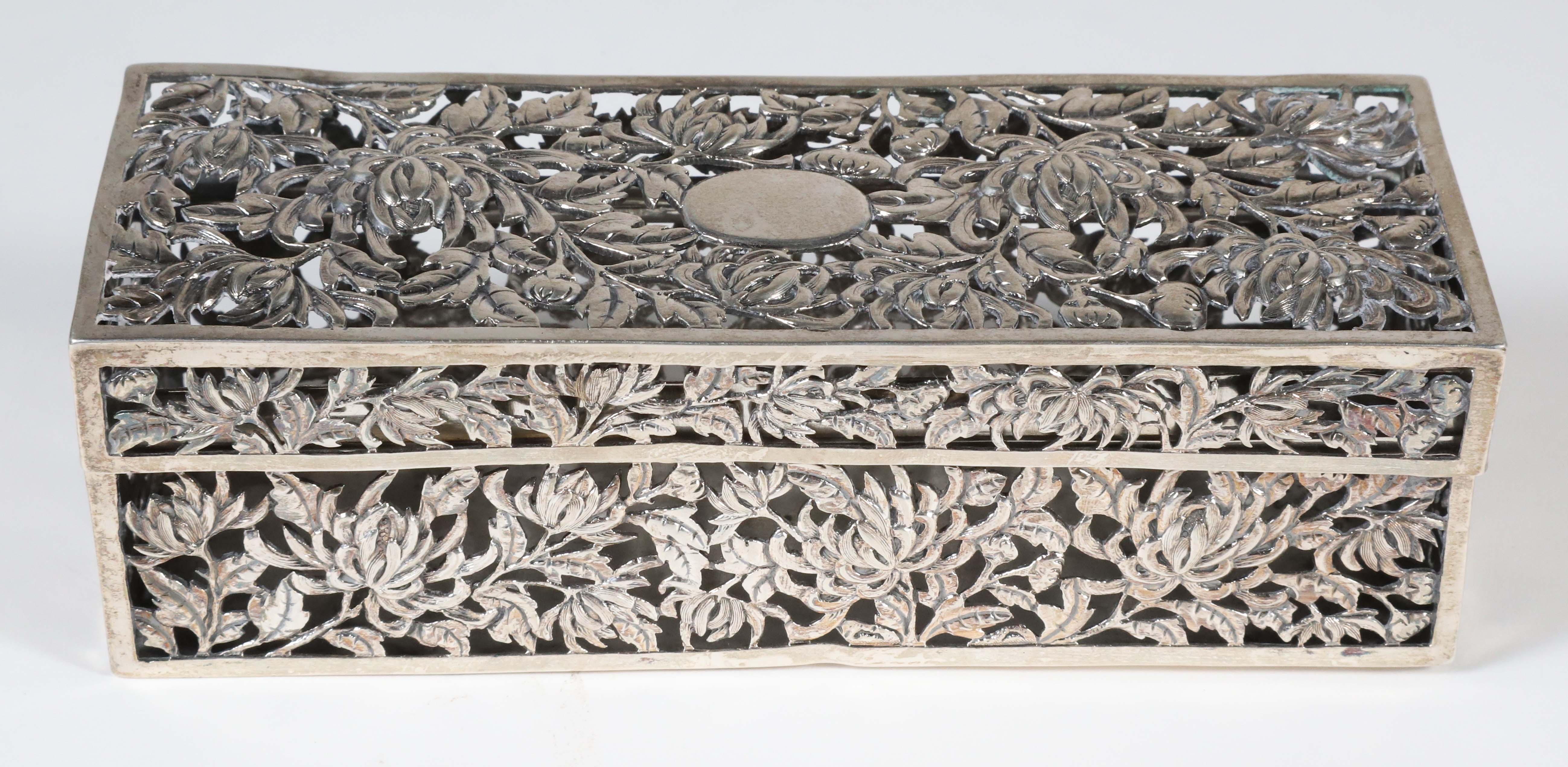 Chinese Export Silver Rectangular Lift Top Floral Reticulated Box ...