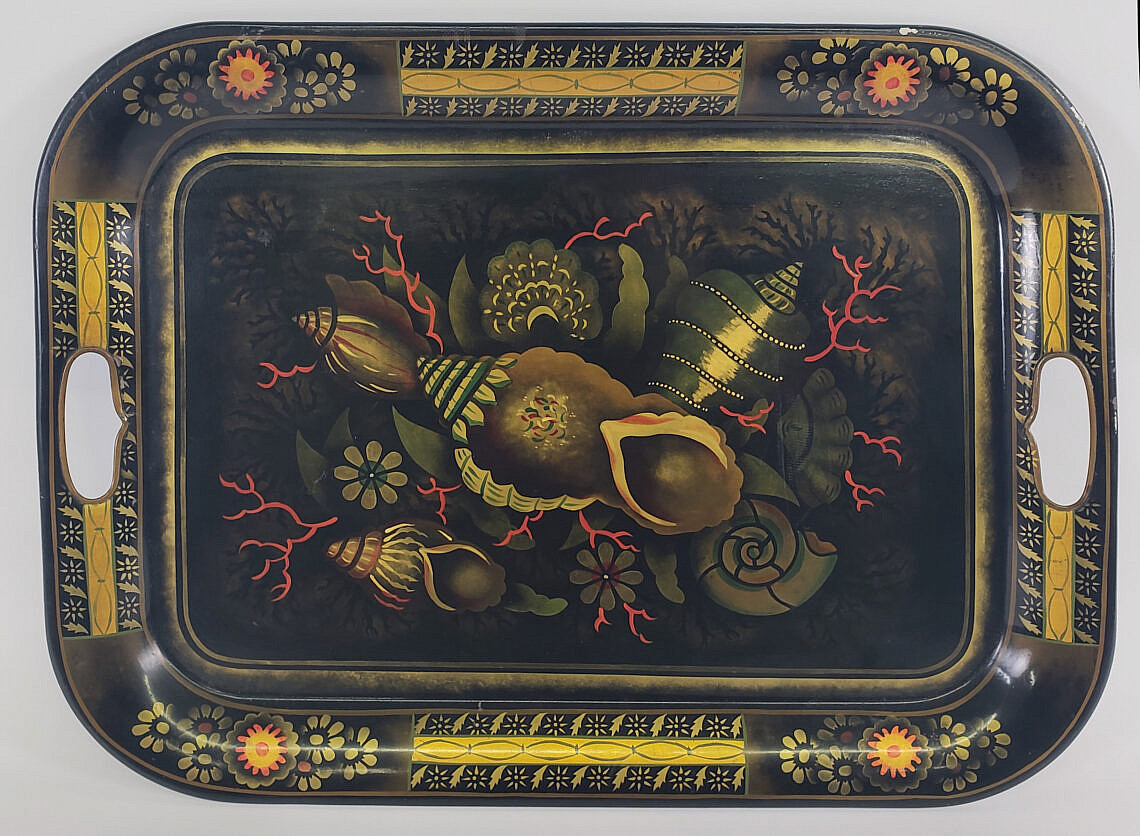 Shell Painted Tole Tray - Vintage Shell Paint Decorated Tole Serving ...