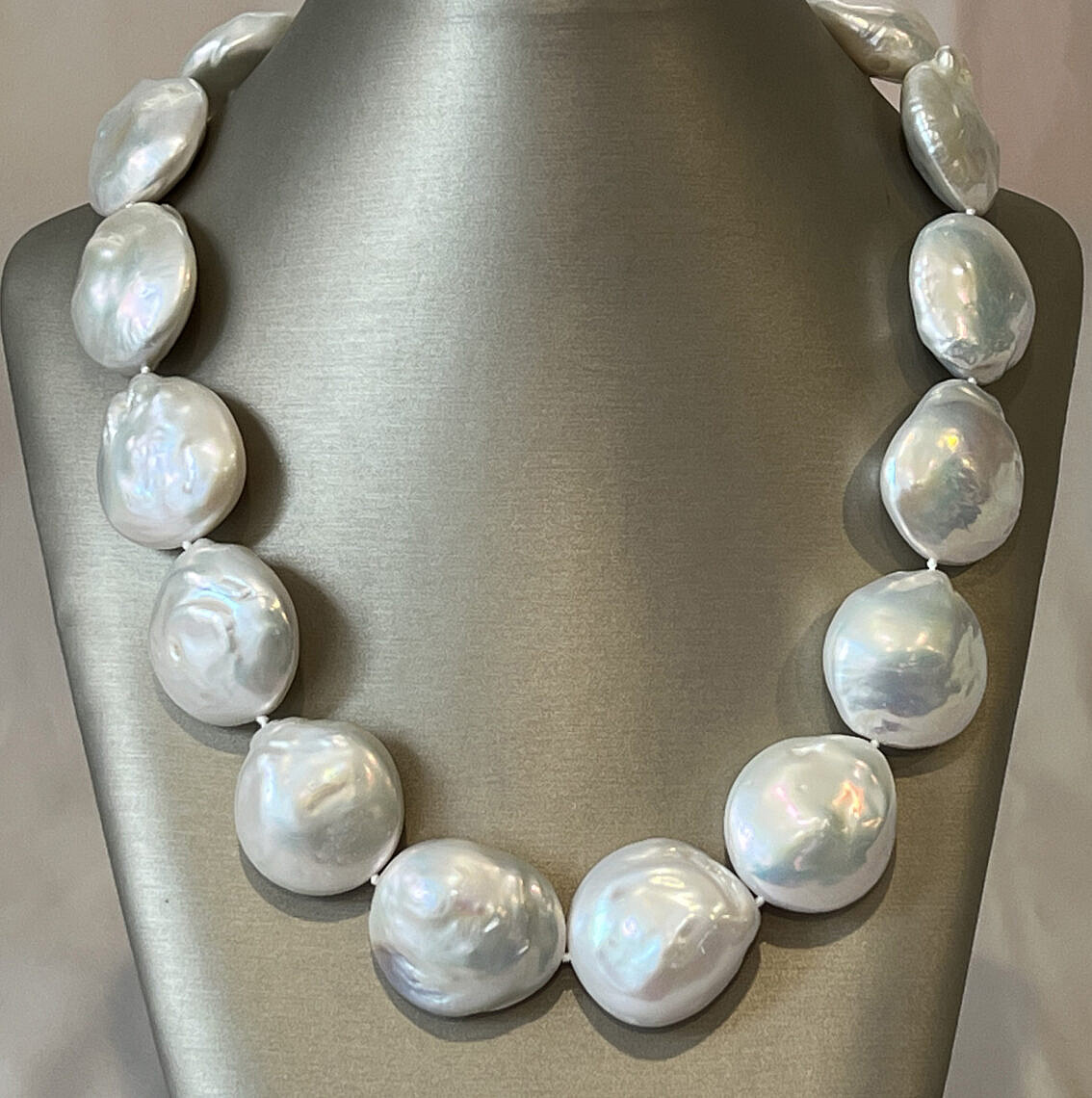 Fine 26mm Lustrous Baroque Coin Pearl Necklace Vermeil Diamond Clasp ...