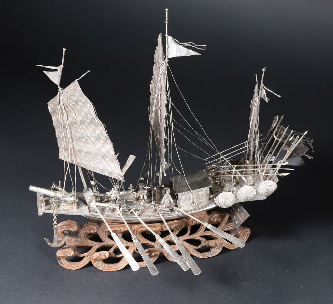 Antique Chinese Silver Model of a War Junk on Carved Ocean Wave Base ...