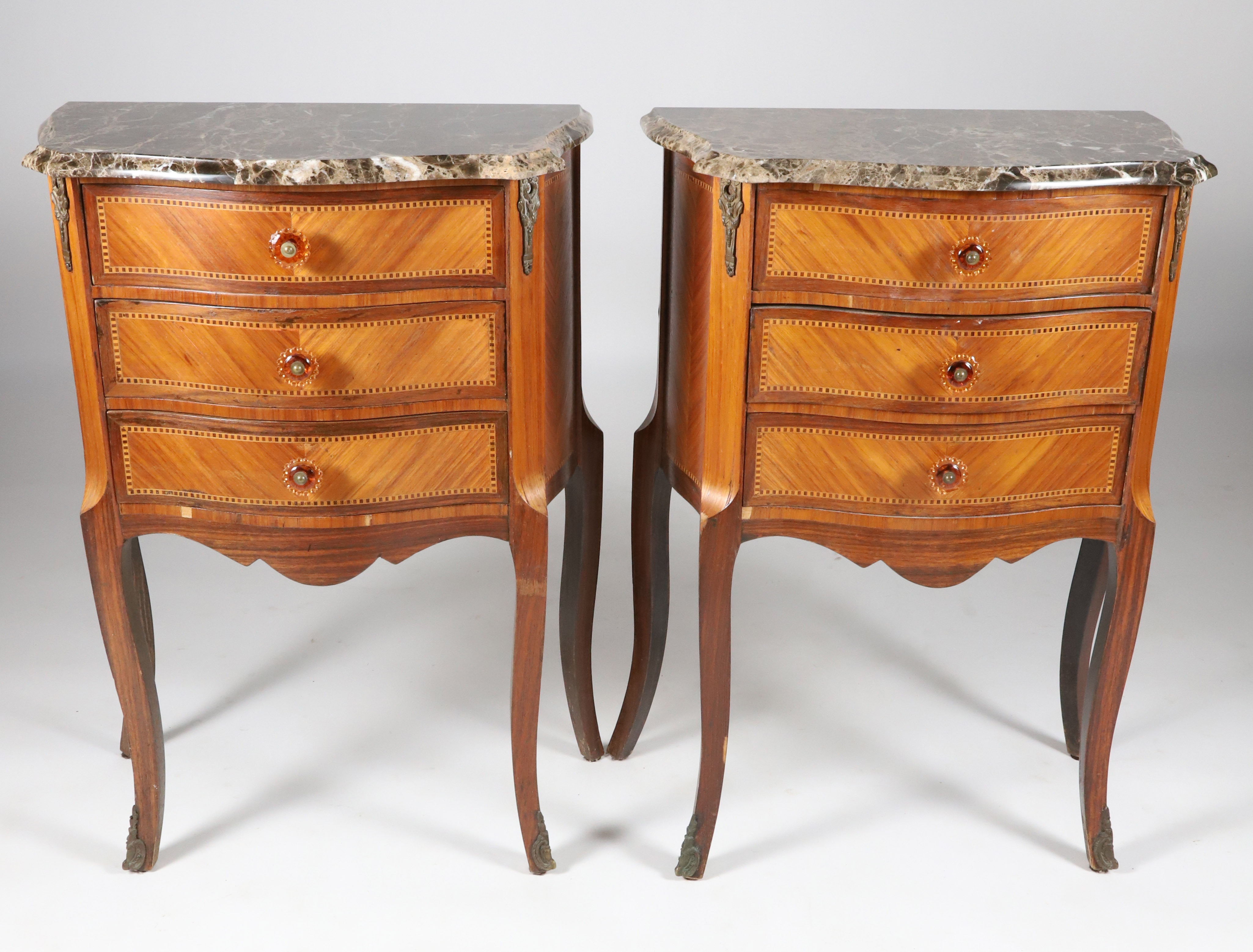 Pair of Italian Louis XV Style Marquetry Marble Top Bedside Three ...