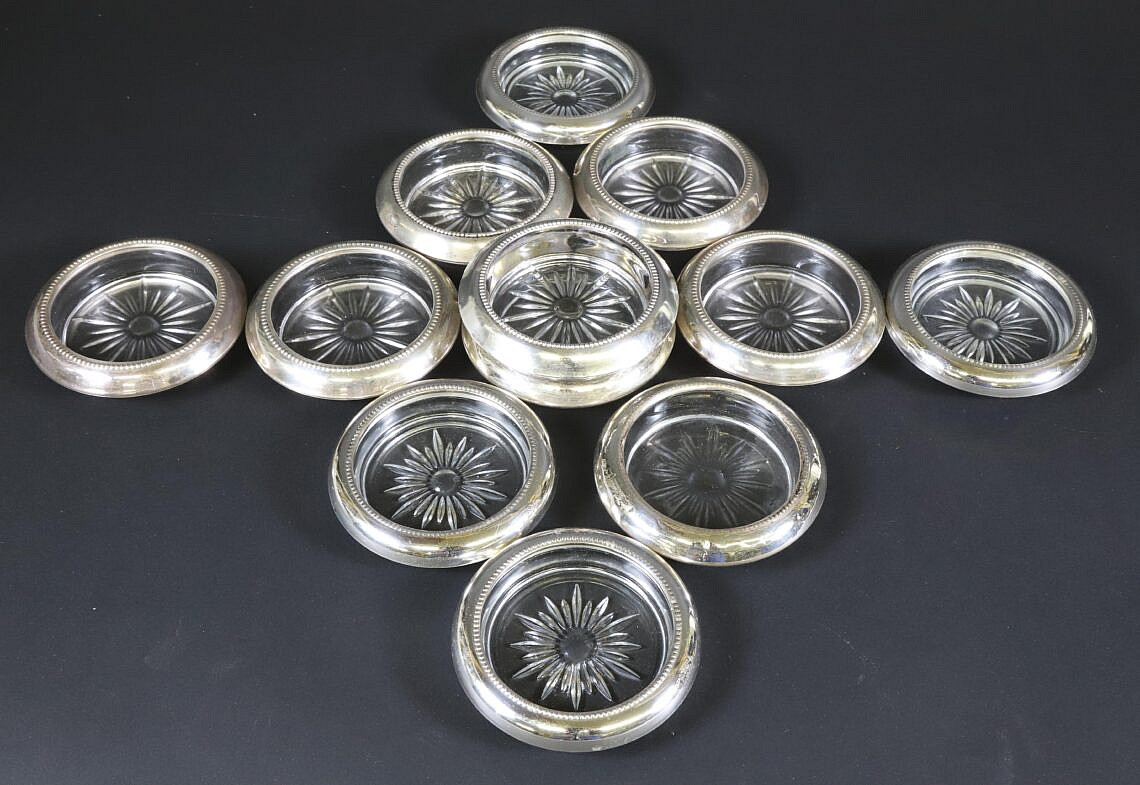 Set of Twelve Glass Coasters with Sterling Silver Collars - Set of ...