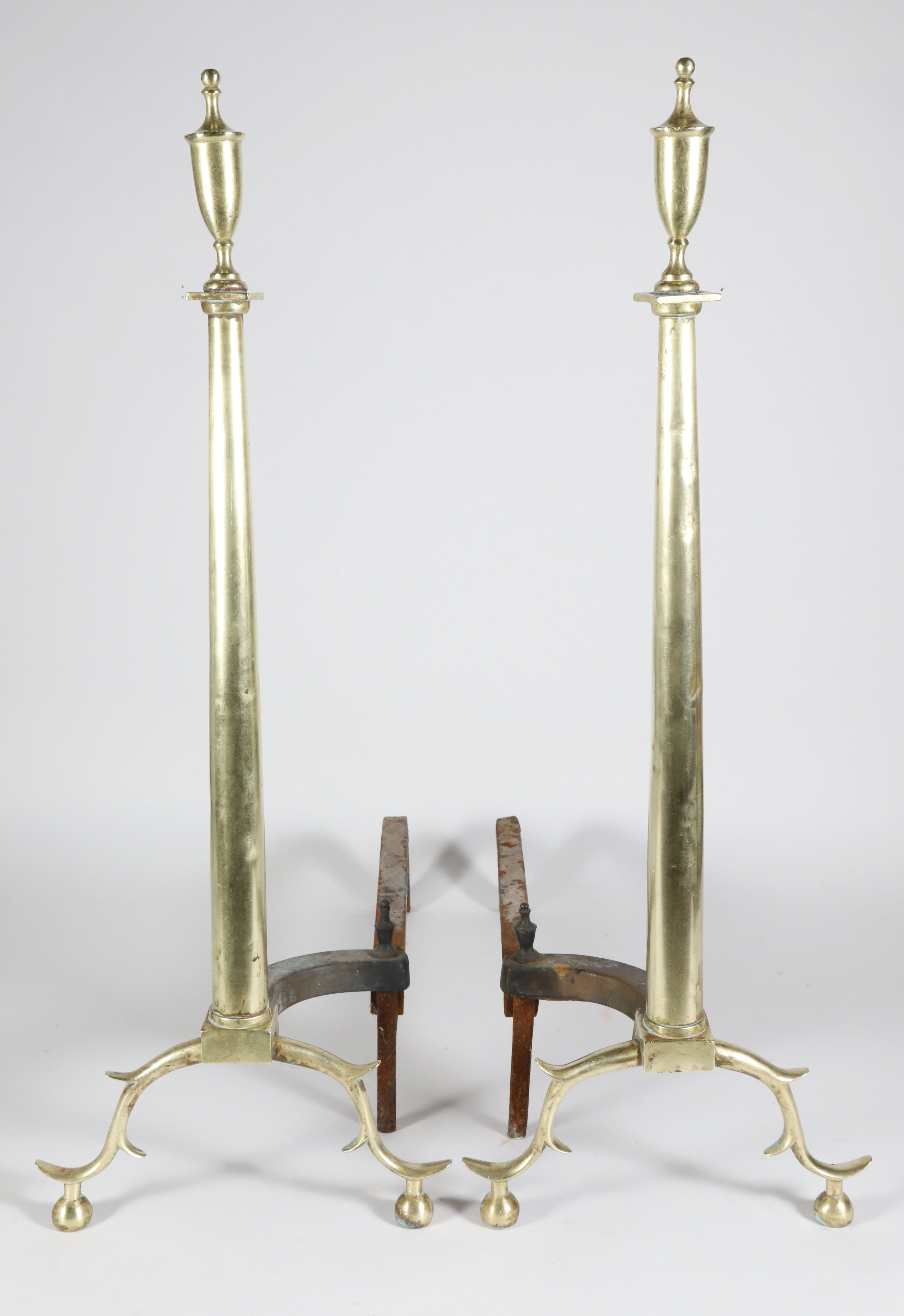 Pair of Brass Column and Finial Andirons with Matching Log Stops - Pair ...