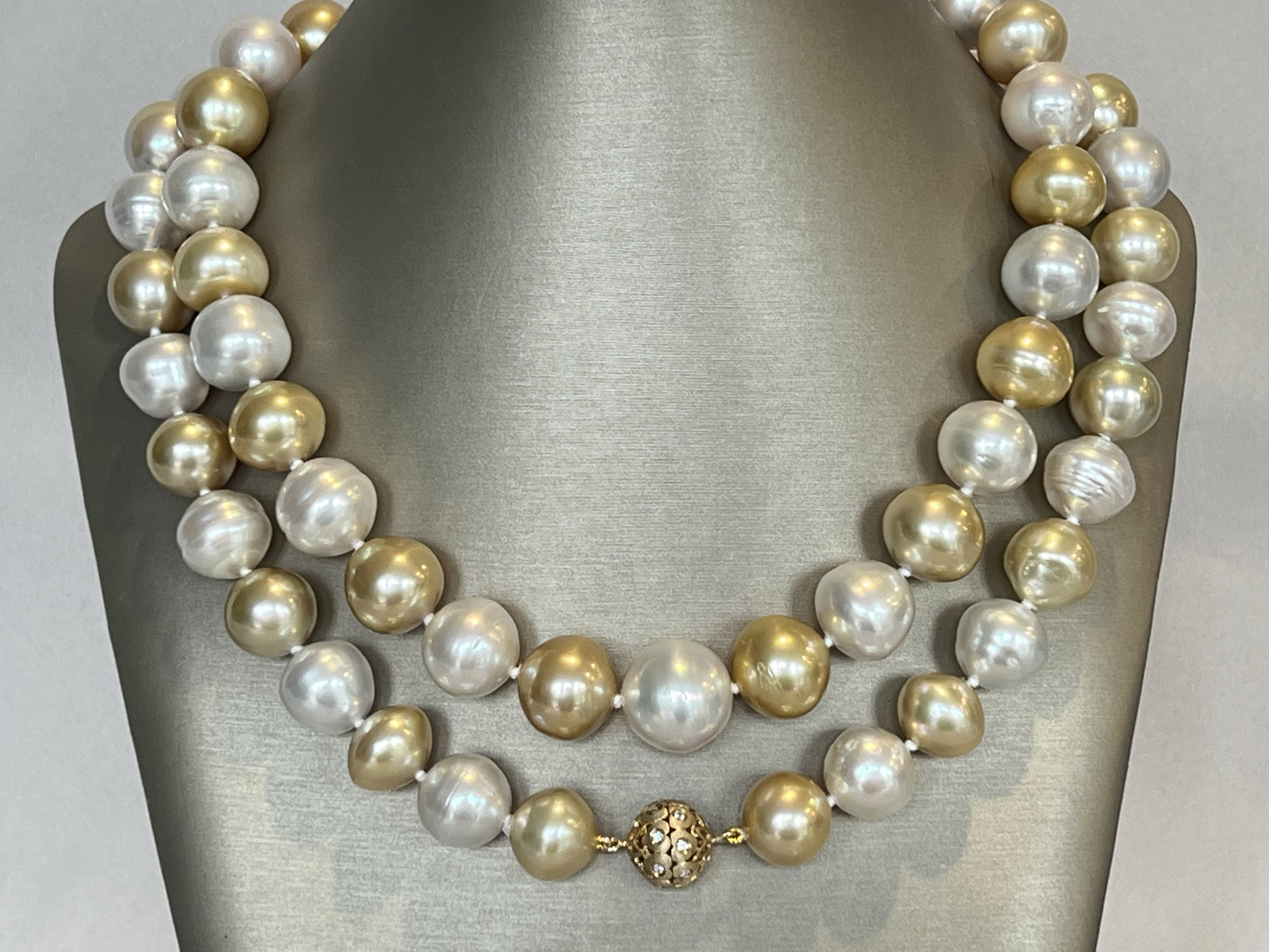 Fine 13mm - 15.7mm White and Natural Gold South Sea Pearl Opera Length ...