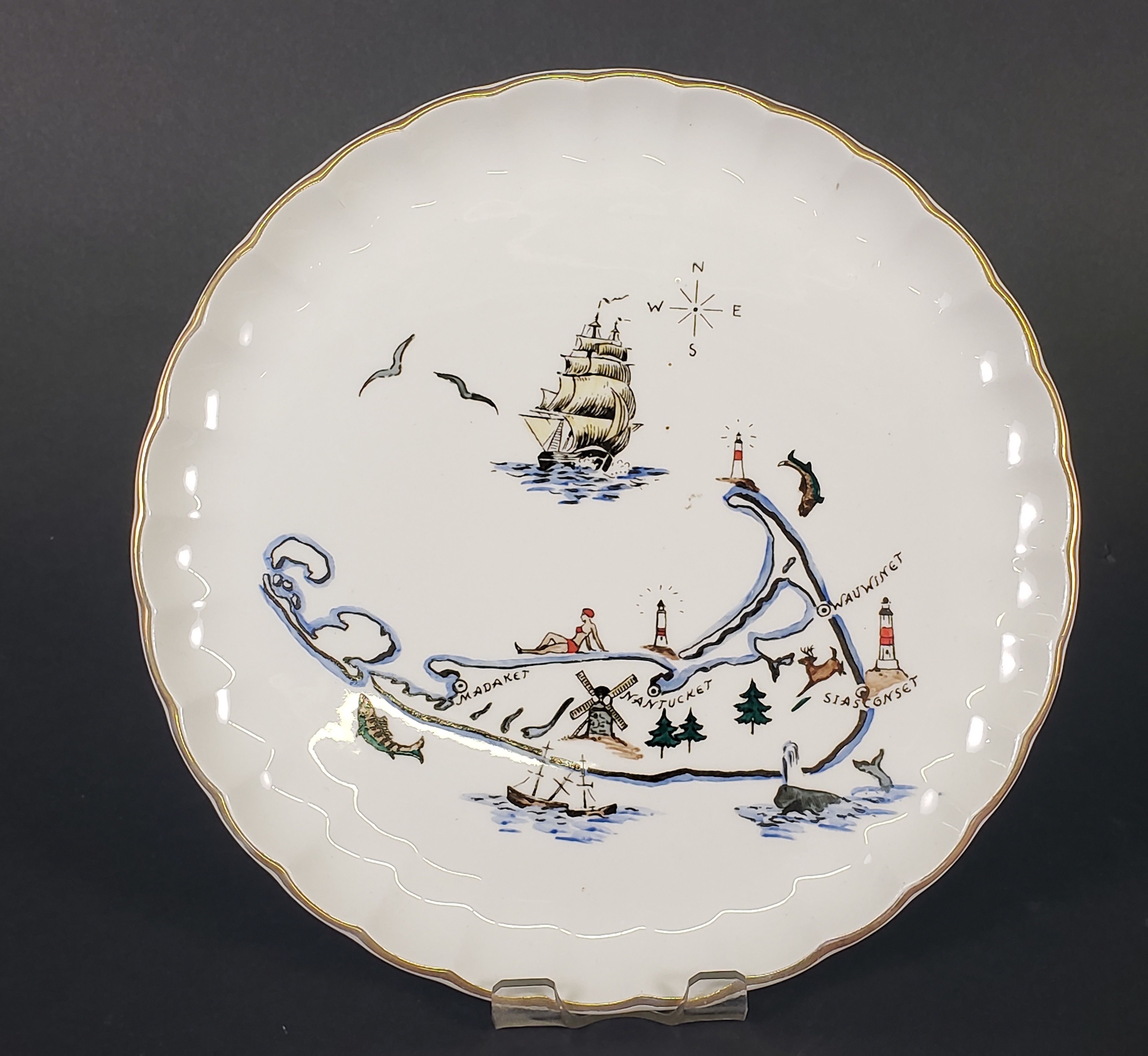 Antique Pictorial Nantucket Map Plate - Antique Hand Painted Pictorial ...