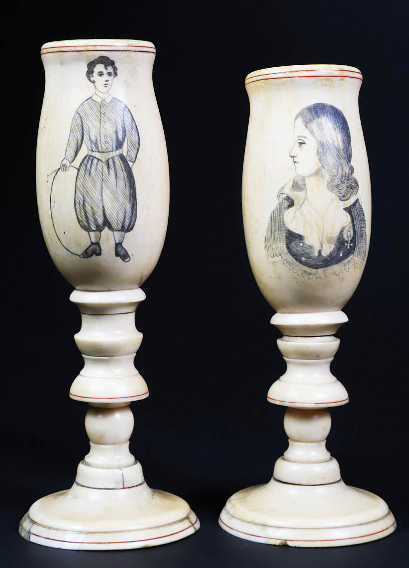 Pair of Scrimshaw Whale Ivory Pedestal Cups 19th Century - Pair of ...