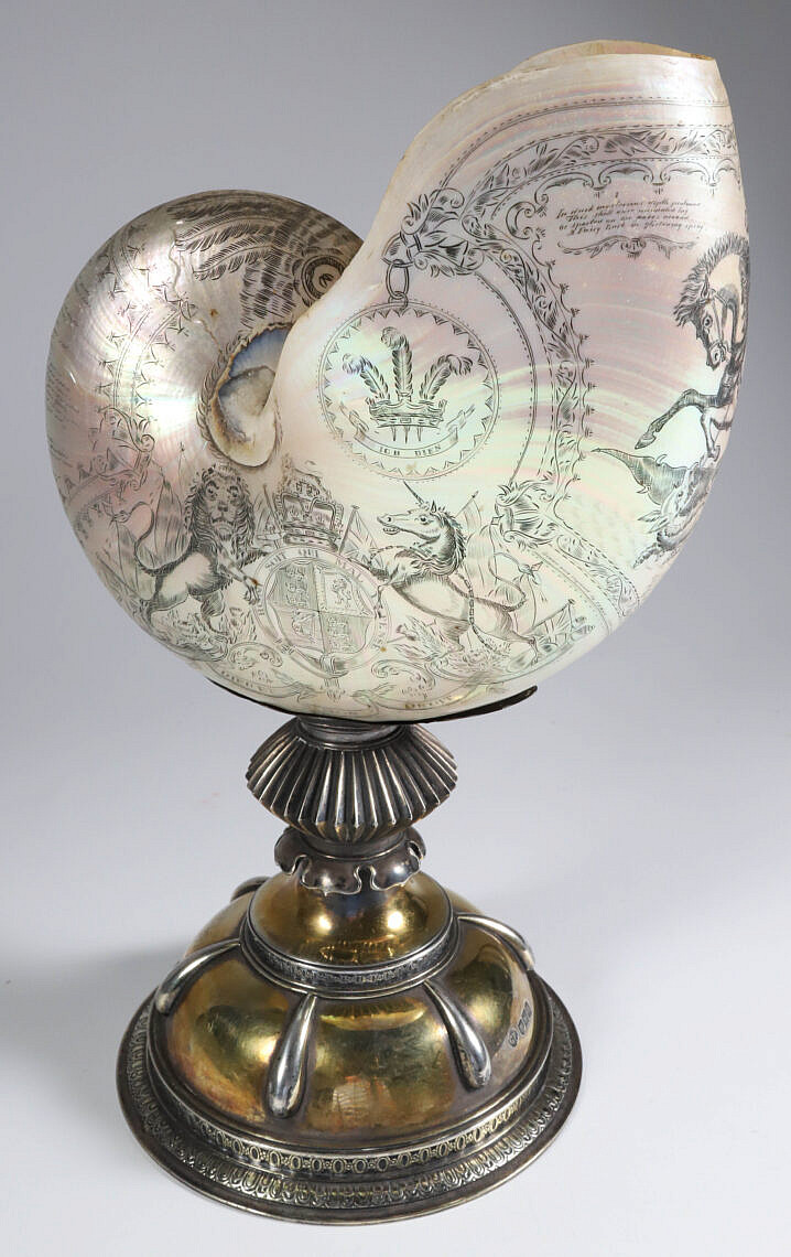 Finely Engraved Nautilus Shell on Sterling Silver Base circa 1850 ...