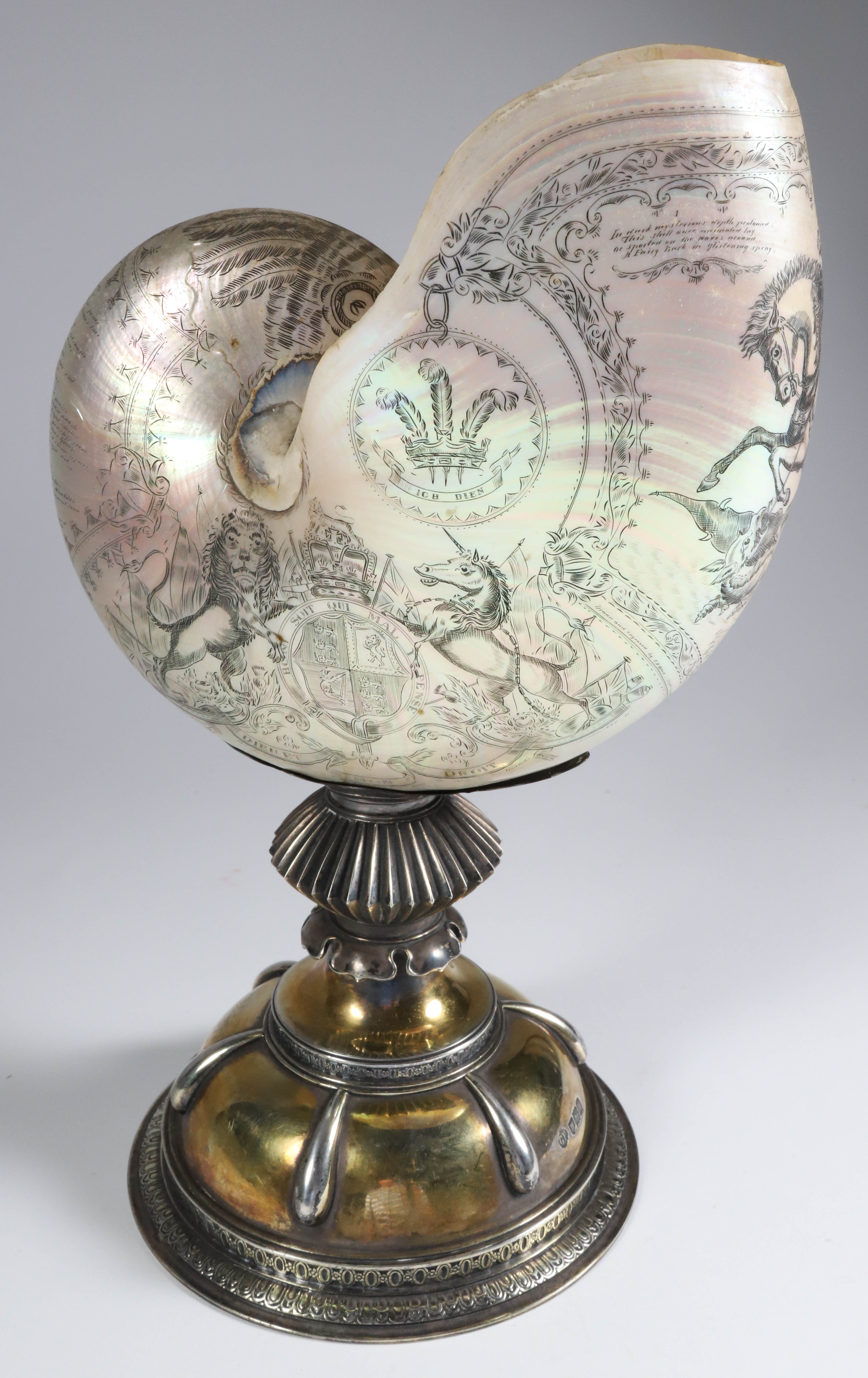 Finely Engraved Nautilus Shell on Sterling Silver Base circa 1850 ...