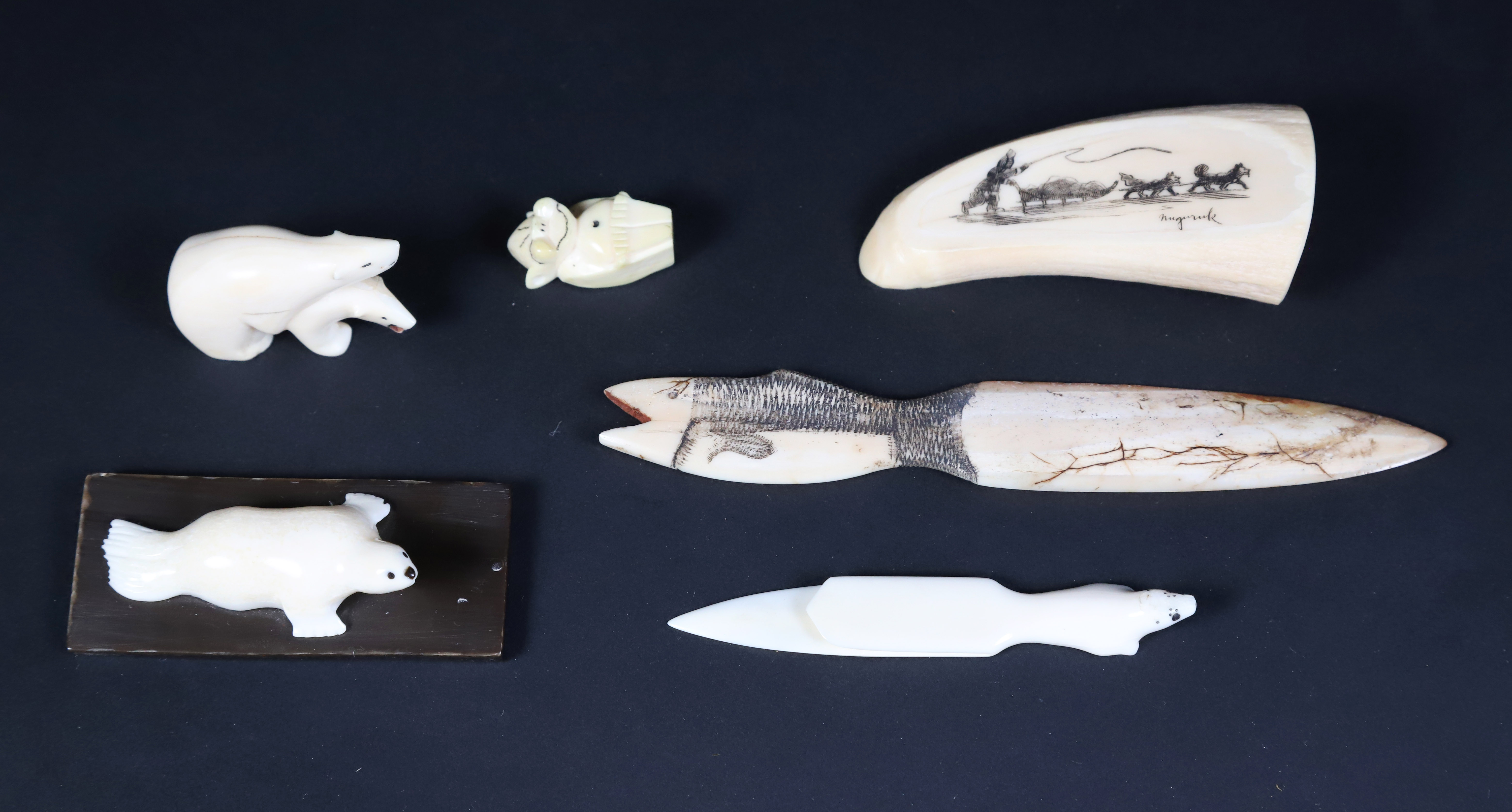 Group of Six Inuit Bone and Antique Walrus Ivory Animals and Figures ...