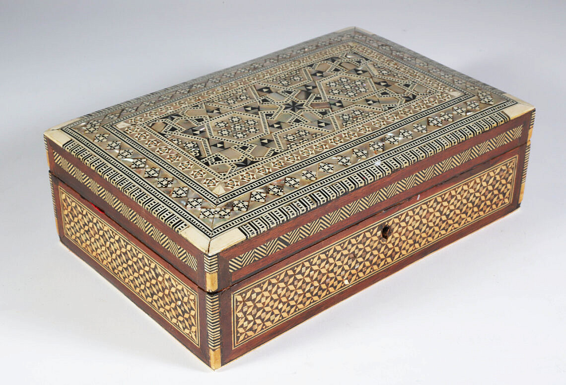 Elaborately Inlaid Damascus Box Mother of Pearl Abalone Ebony and Multi ...
