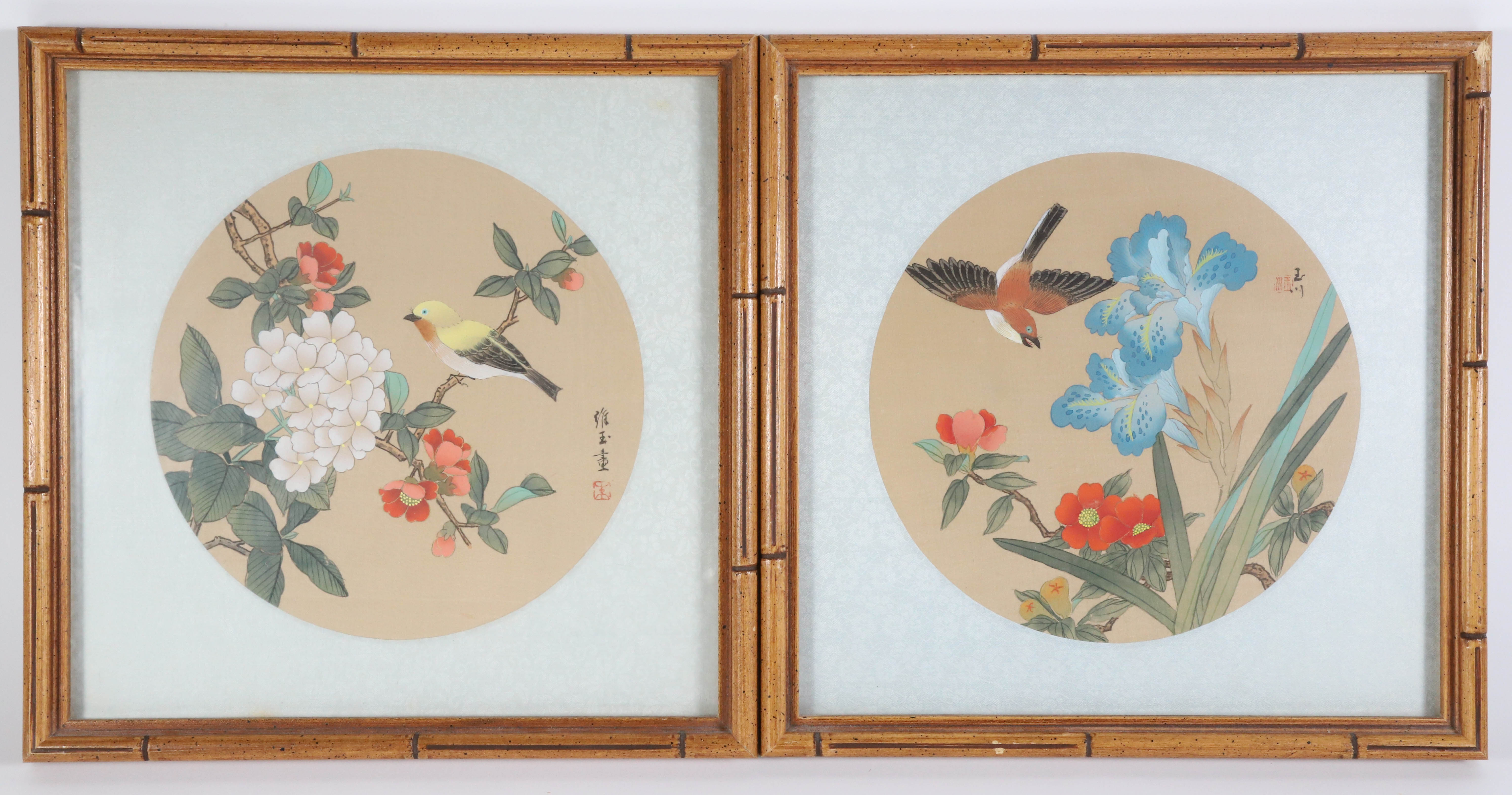 Pair Of Japanese Watercolor On Silk In Faux Bamboo Frames - Pair of ...