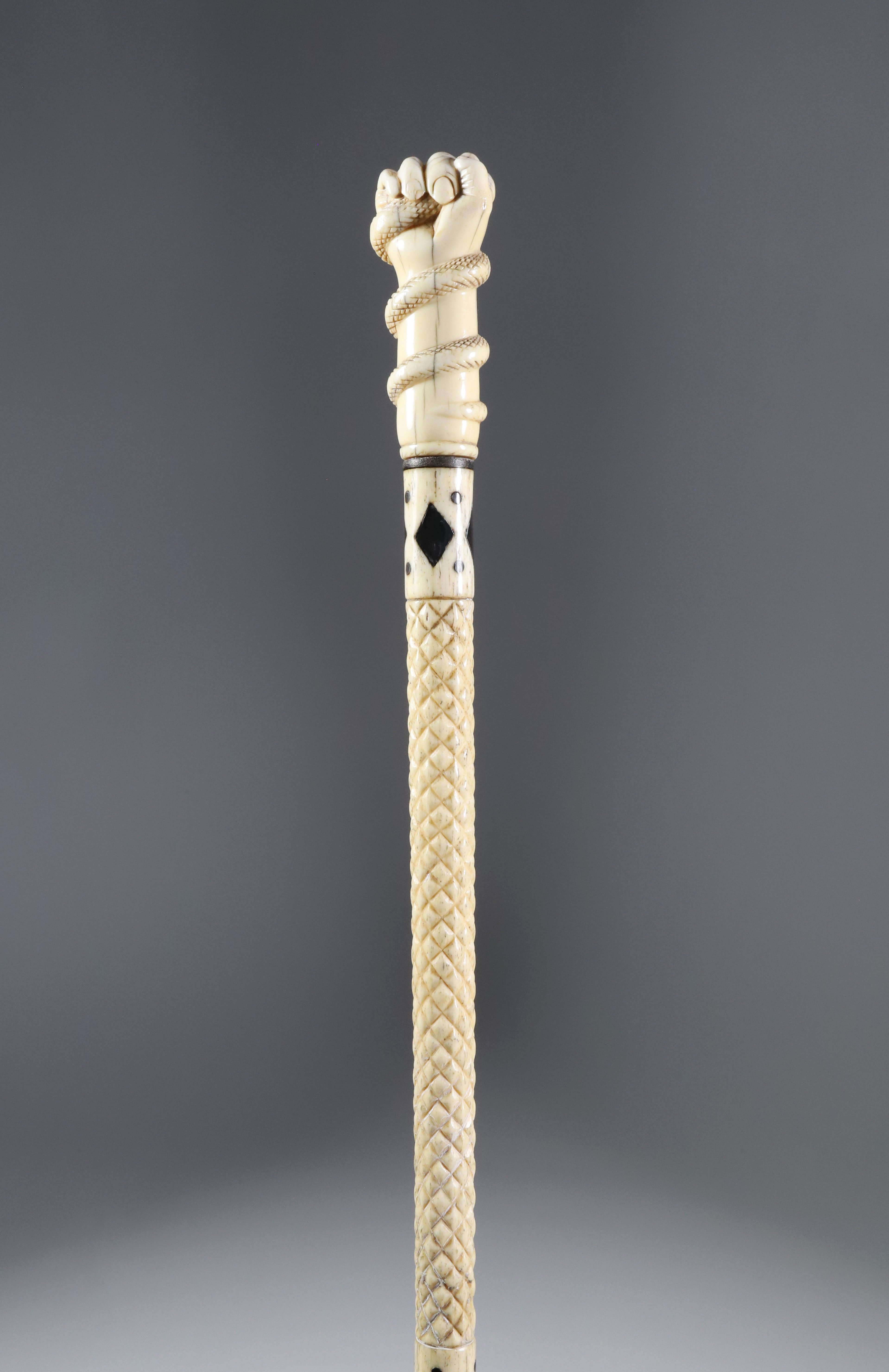 Whaler Made Fist with Snake Walking Stick Mid 19th Century - Whaler ...