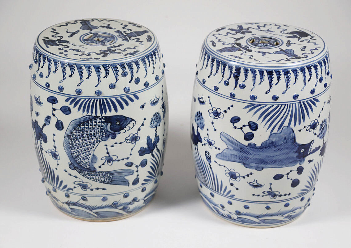 Pair of Canton Style Porcelain Garden Stools with Fish Decorations ...