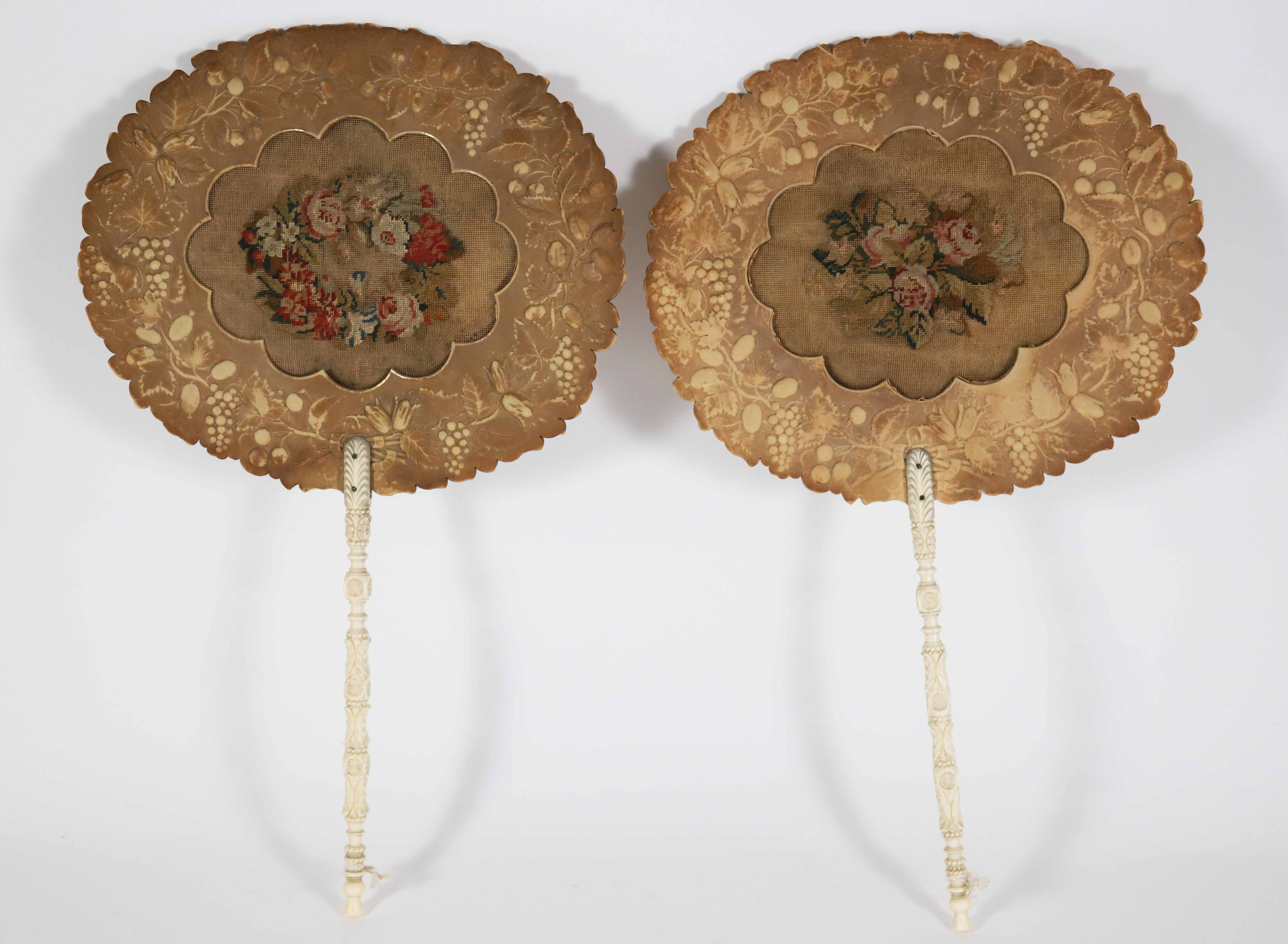 Pair of French Carved Antique Needlepoint Hand Fans - Pair of French ...