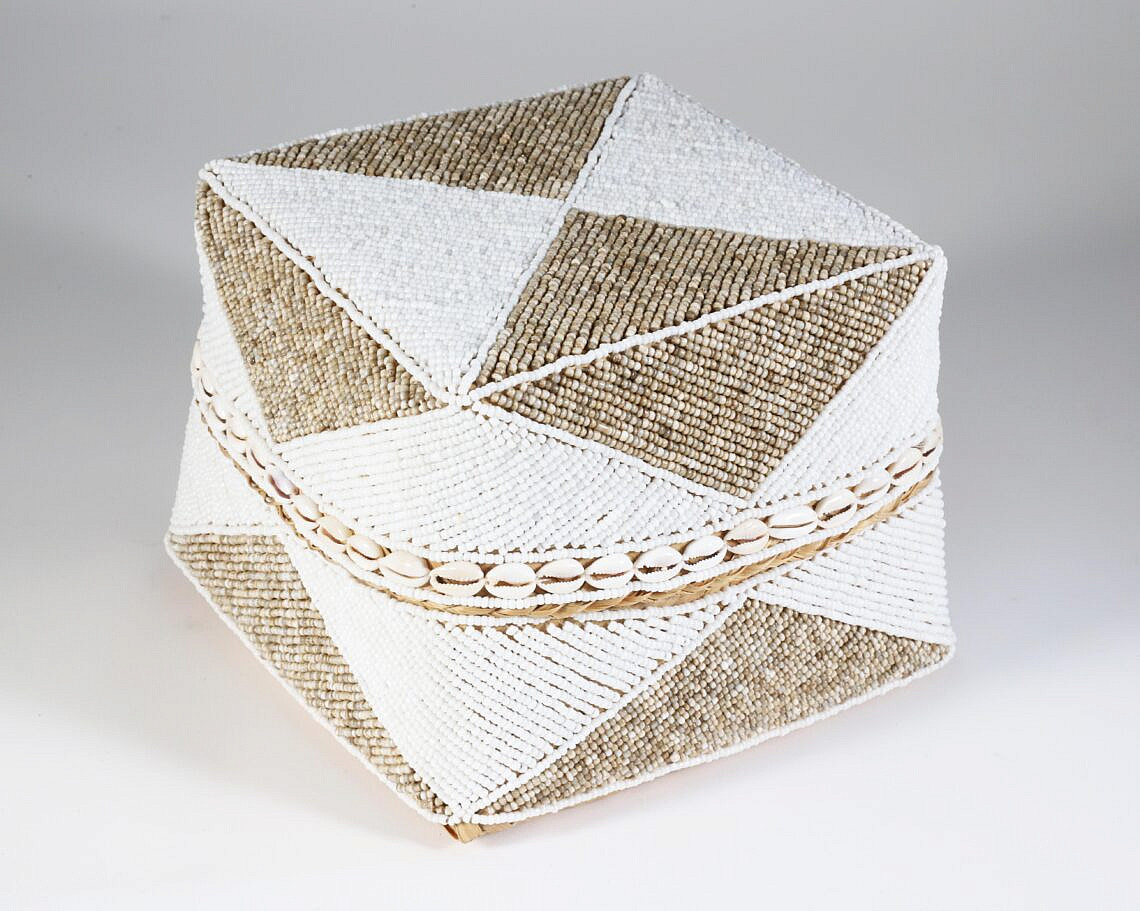 Bali White and Tan Beaded Covered Box - Rafael Osona Auctions Nantucket, MA