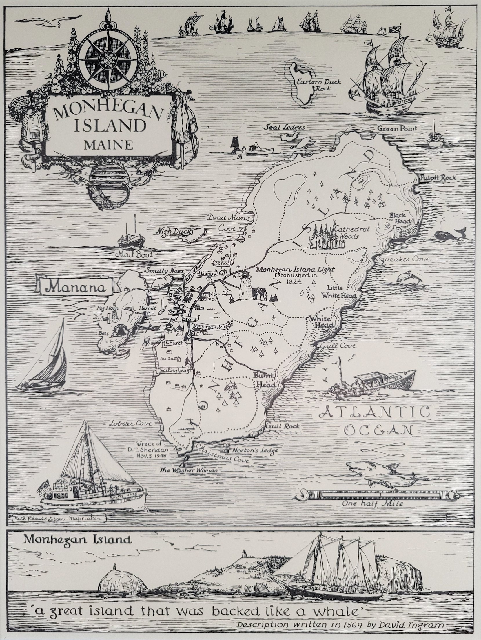 Ruth Rhoads Lepper (1905-2011) Whimsical Illustrated Map of Monhegan ...