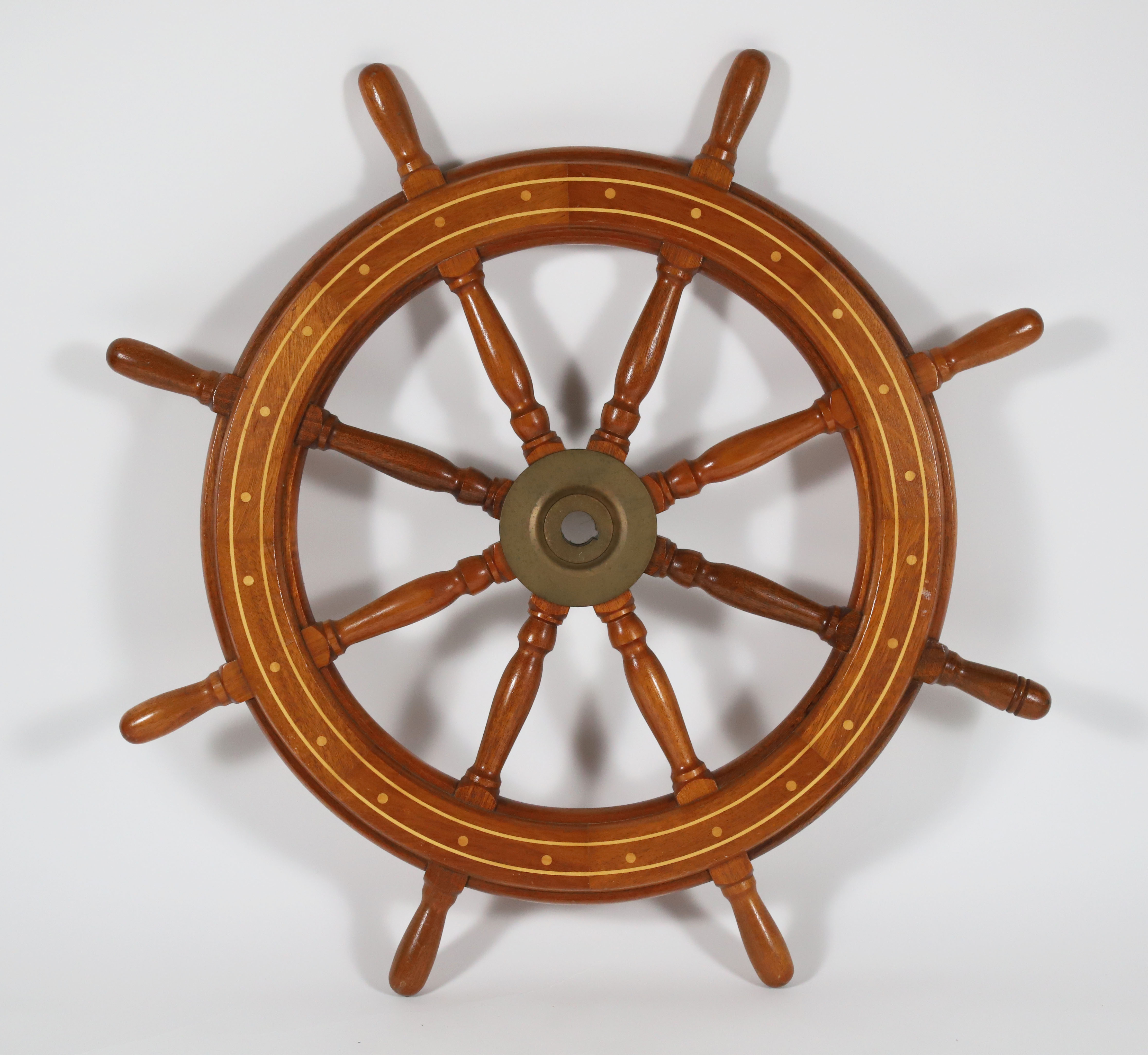 Mahogany and Brass Ship's Wheel with Circle Inlays - Mahogany and Brass ...