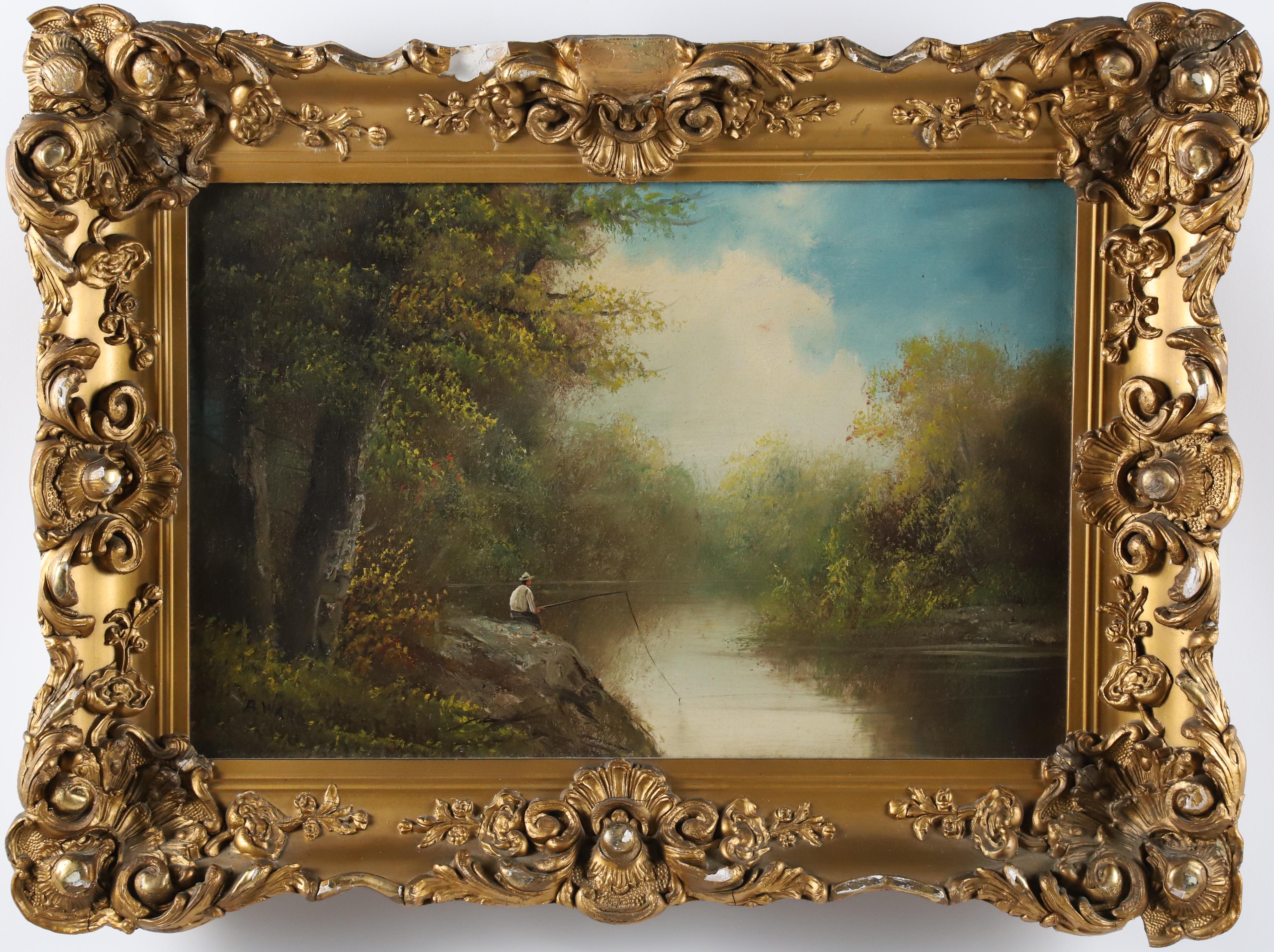 B. Ward Oil on Canvas River Landscape With Fisherman 19th Century - B ...