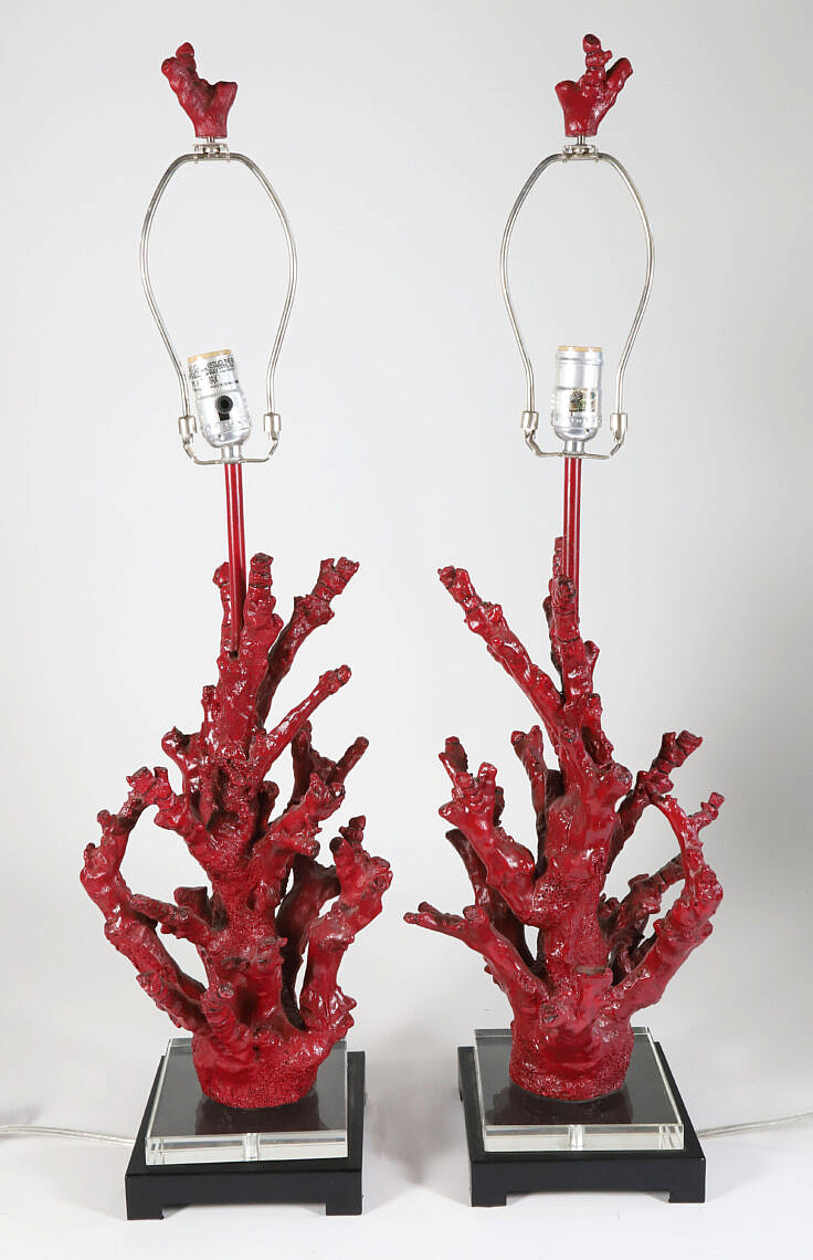 Pair of Faux Red Coral Lamps on Stepped Bases - Pair of Faux Red Coral ...