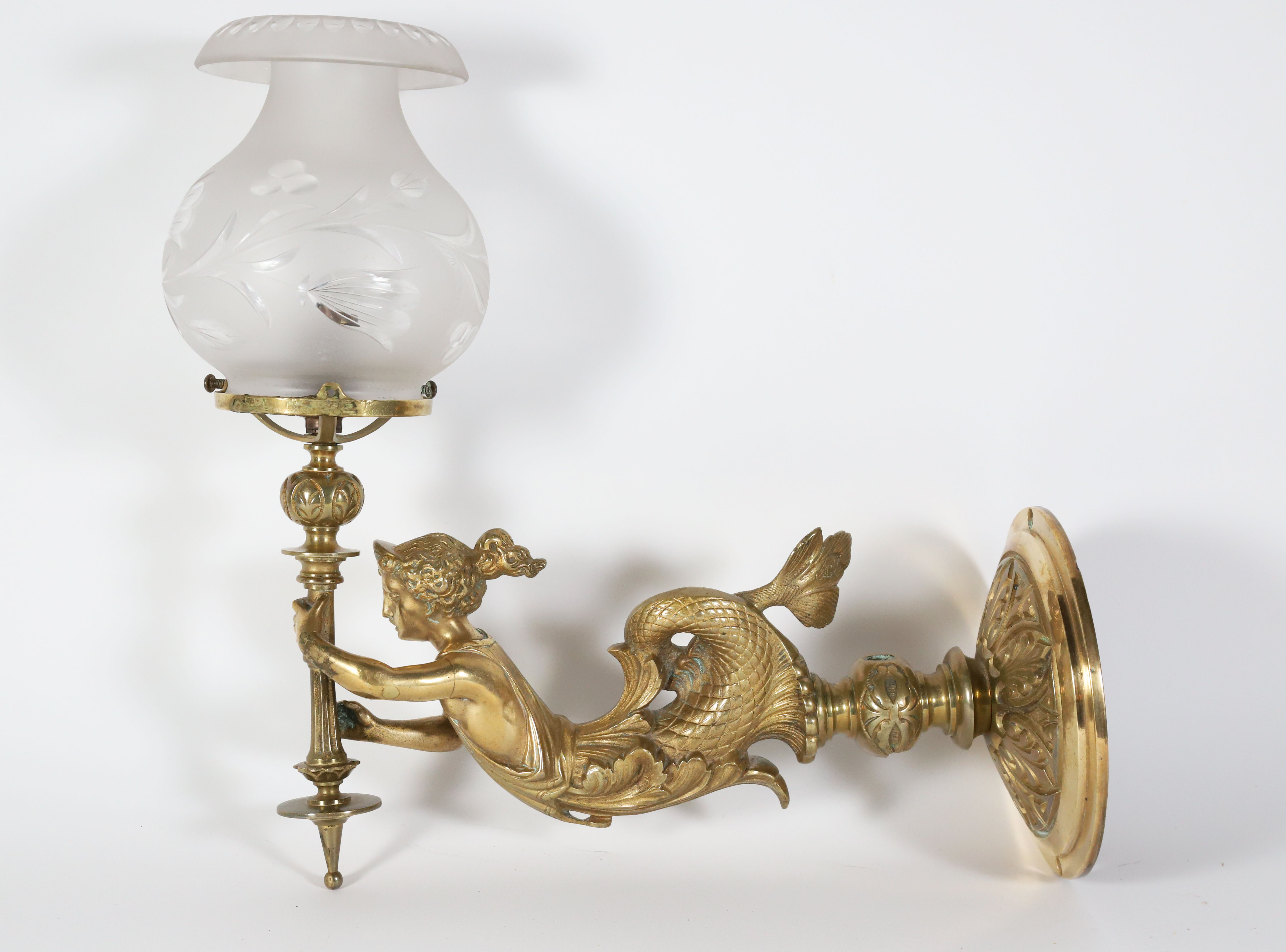 Brass Wall Sconce in the Form of a Mermaid Holding a Shade American ...