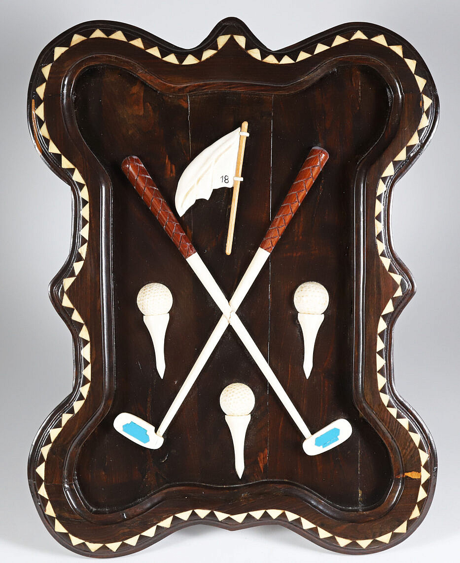 Carved Ebony and Bone Golf Trophy Easel Plaque - Carved Ebony and Bone ...