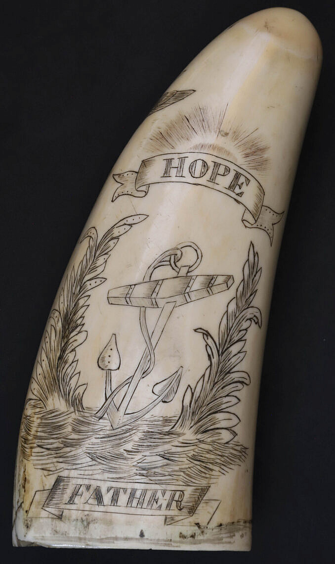 Scrimshaw Whale's Tooth "Hope Father" 19th Century - Scrimshaw Whale's ...