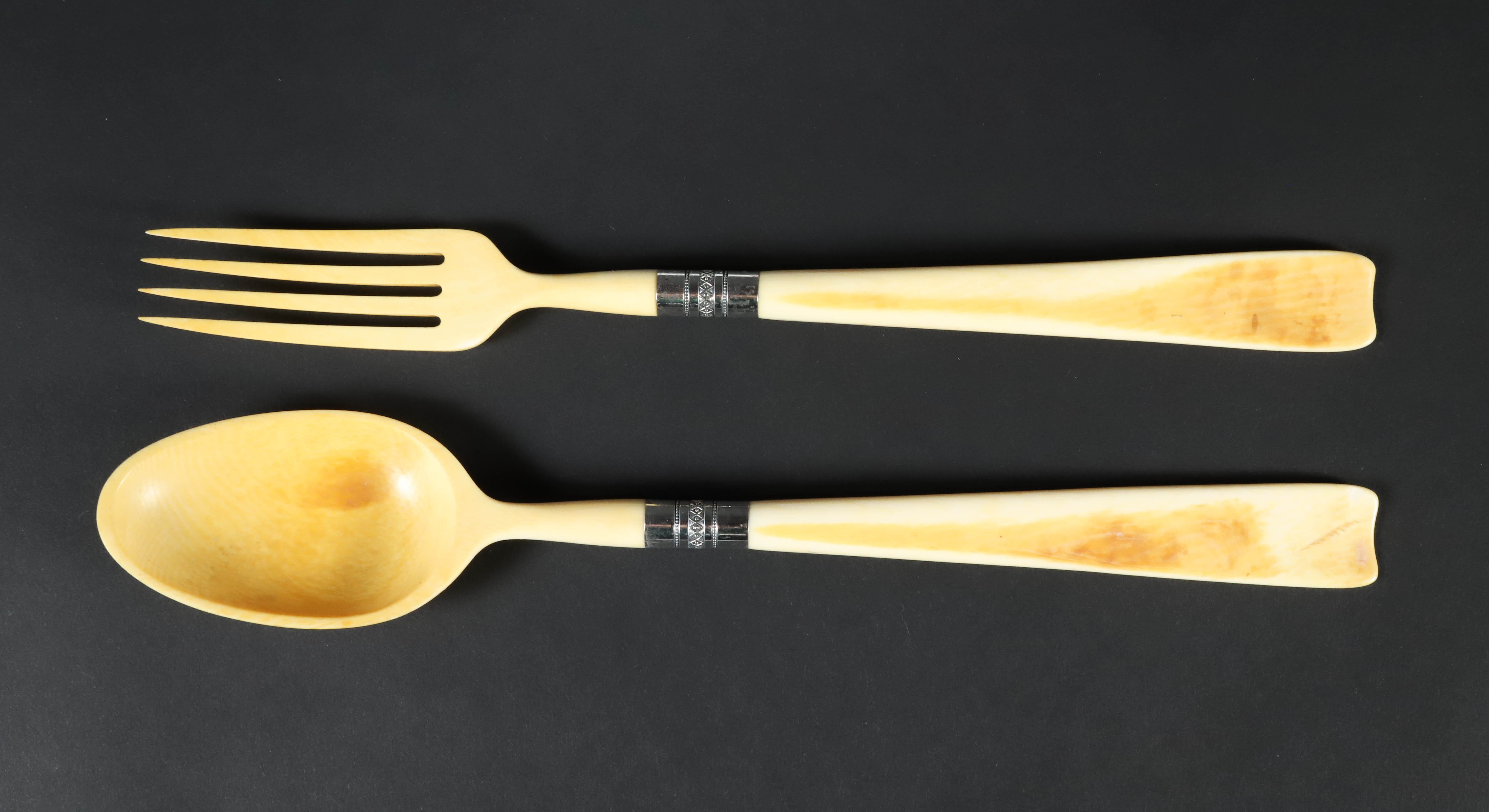 Antique Ivory Salad Serving Fork and Spoon with Sterling Silver Collar ...