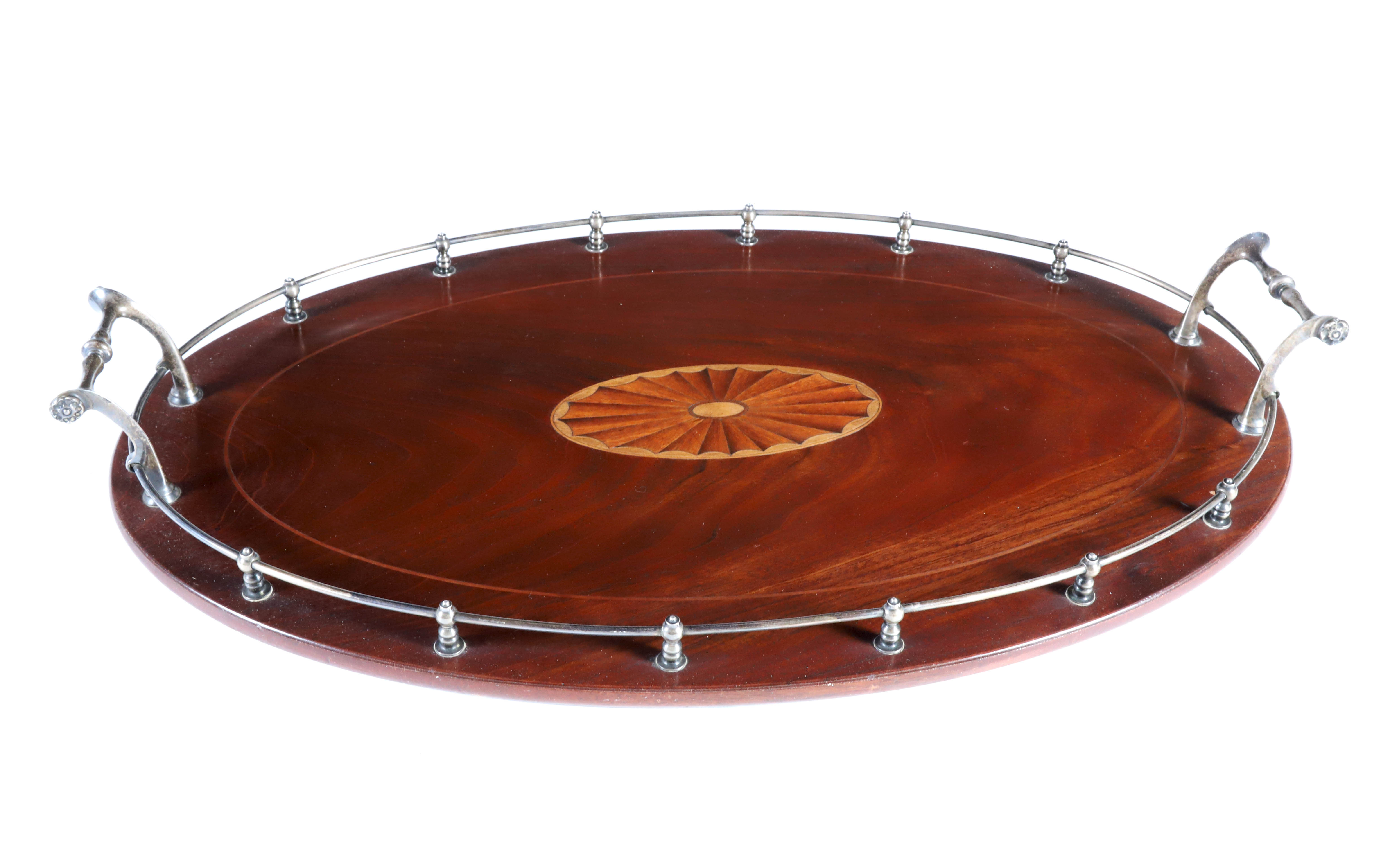 Mahogany Multi-Wood Inlaid Silver Plated Gallery Serving Tray ...