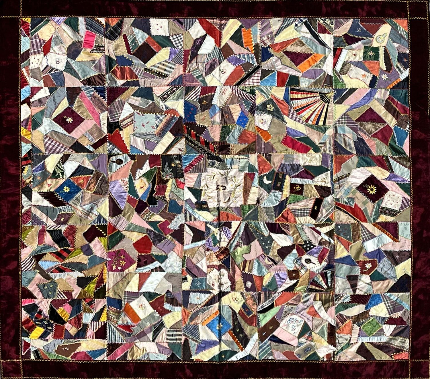 Antique Crazy Patchwork Quilt with Velvet Border and Chintz Back 19th ...