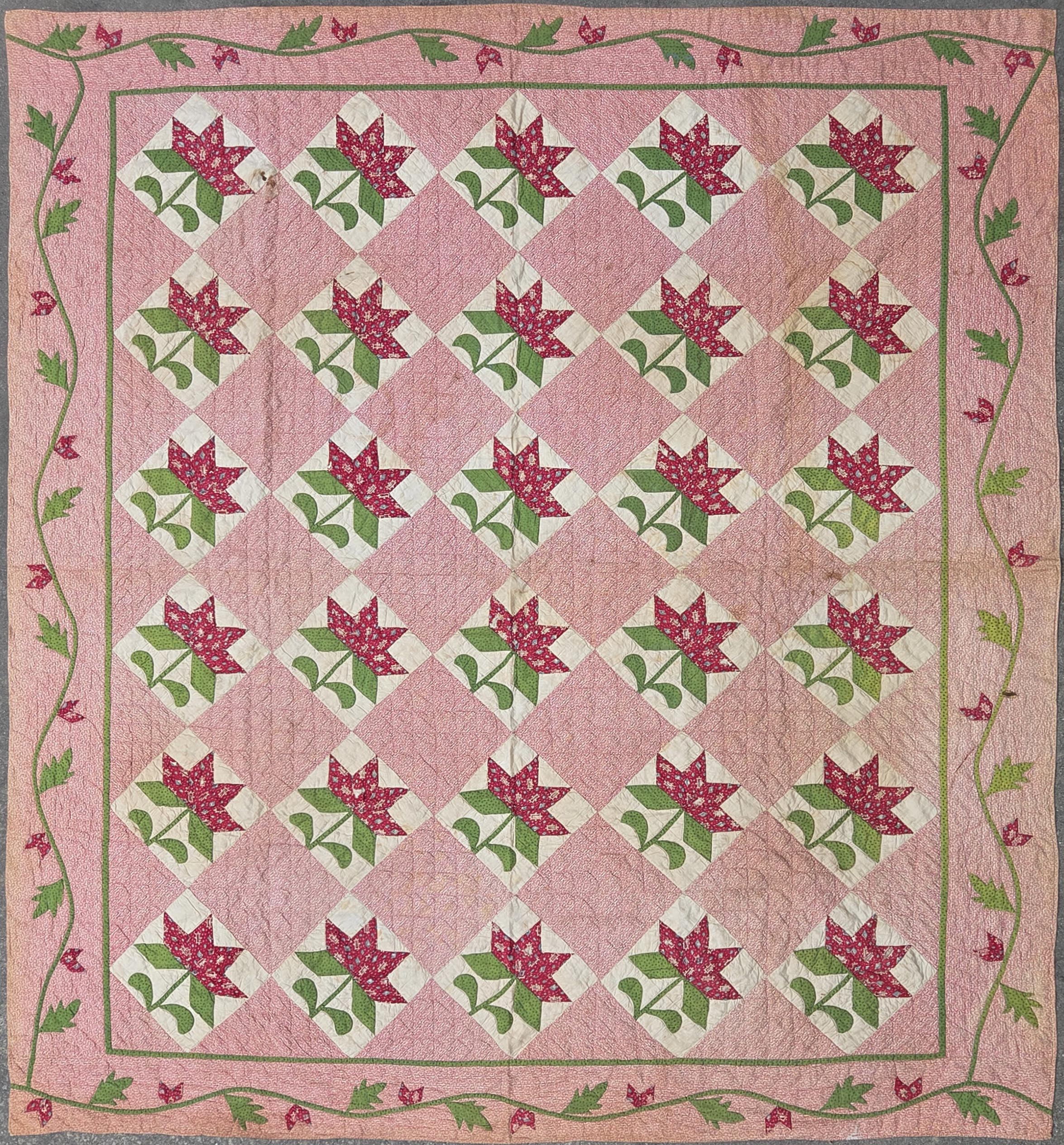 Antique Red and Green Calico Oak Leaf Patchwork Quilt 19th Century ...